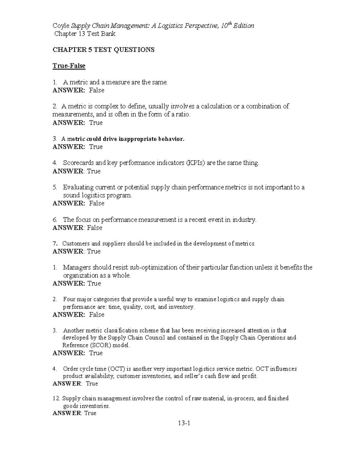 Chapter 13 Test Bank - Logistics and Supply Chain Metrics Overview ...