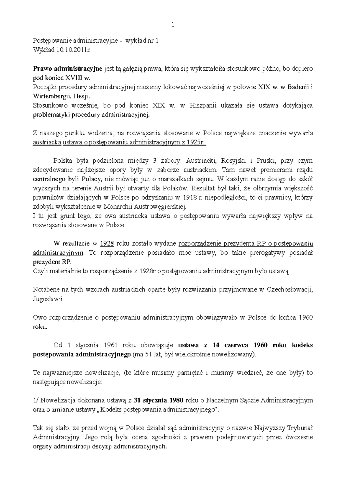 KPA - Skrypt z KPA - PostĊpowanie administracyjne - wykład nr 1 Wykład 10.10. Prawo ...