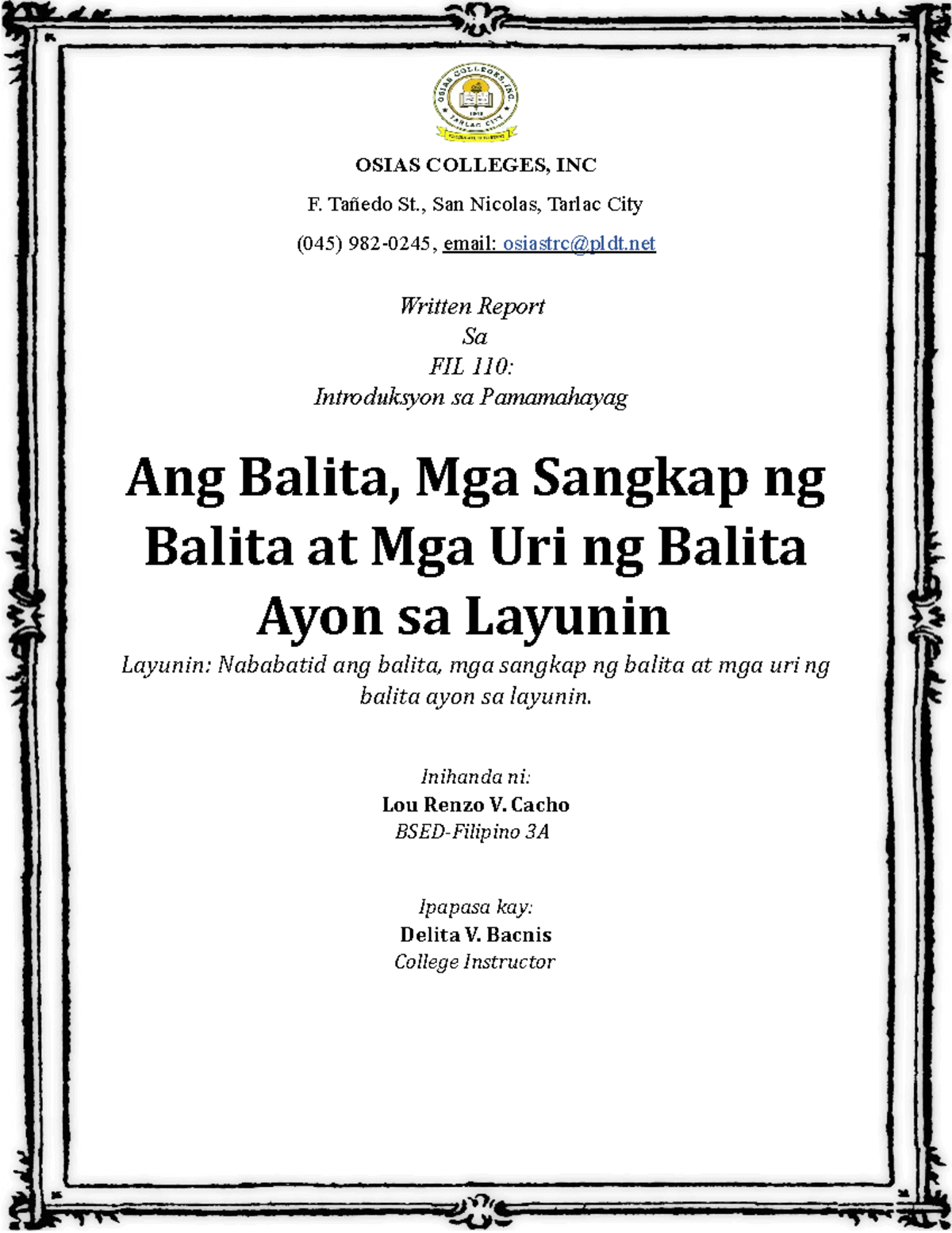 Written Report Kabanata 3 Ang Balita Mga Sangkap ng Balita at Mga Uri ...