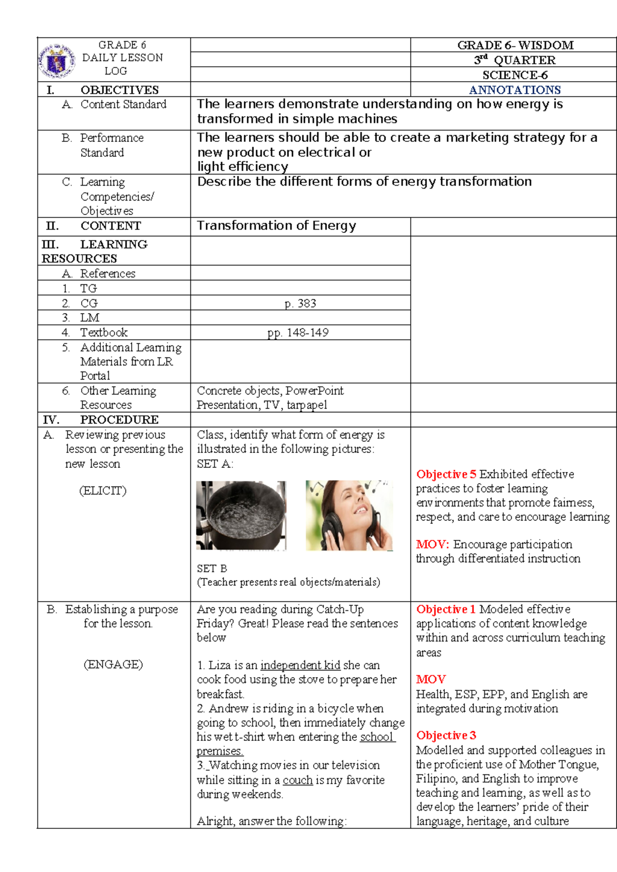 COT-SCI-6 Daily Lesson Log: Energy Transformation Strategies - Studocu