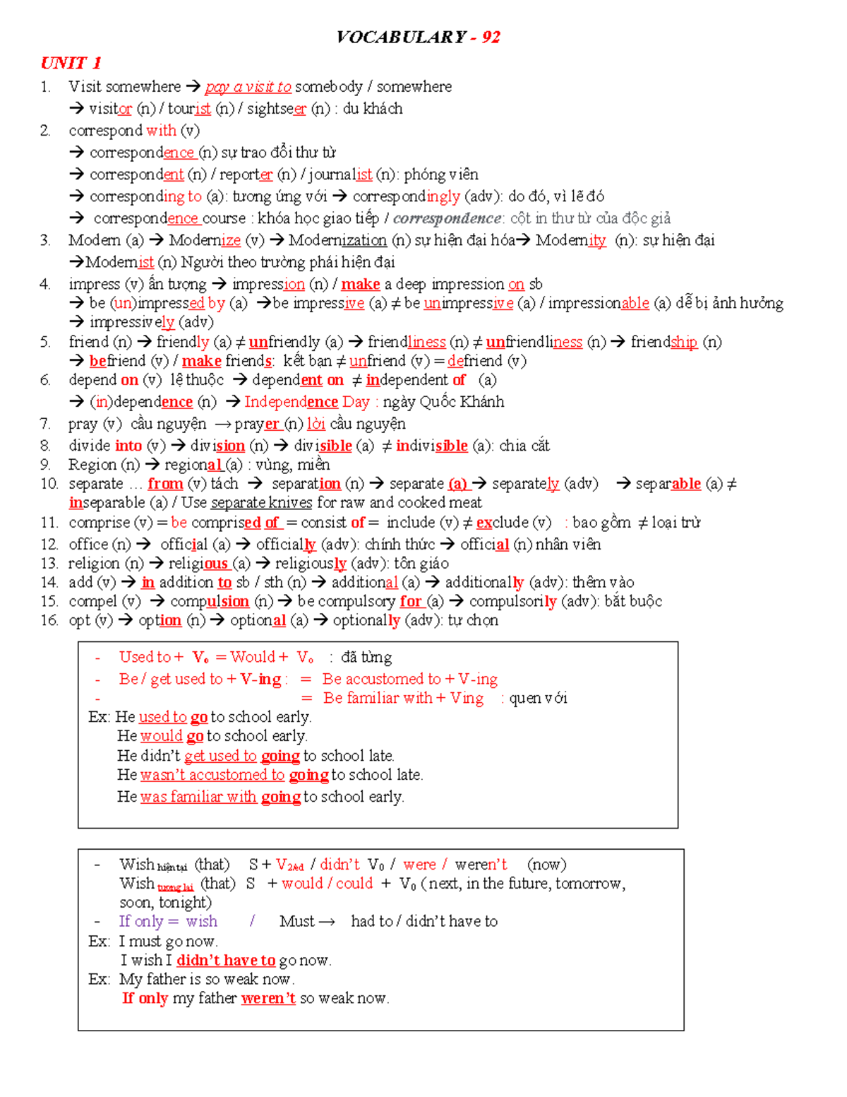 VOCABULARY REVIEW UNIT 1-10 FOR TS 10 2024 - Studocu