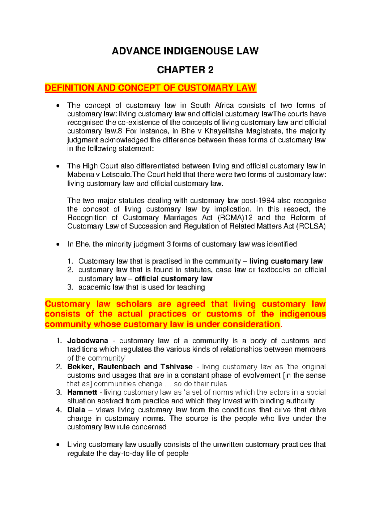LCP4804 Summary of Chapters on Customary Law Concepts - Studocu