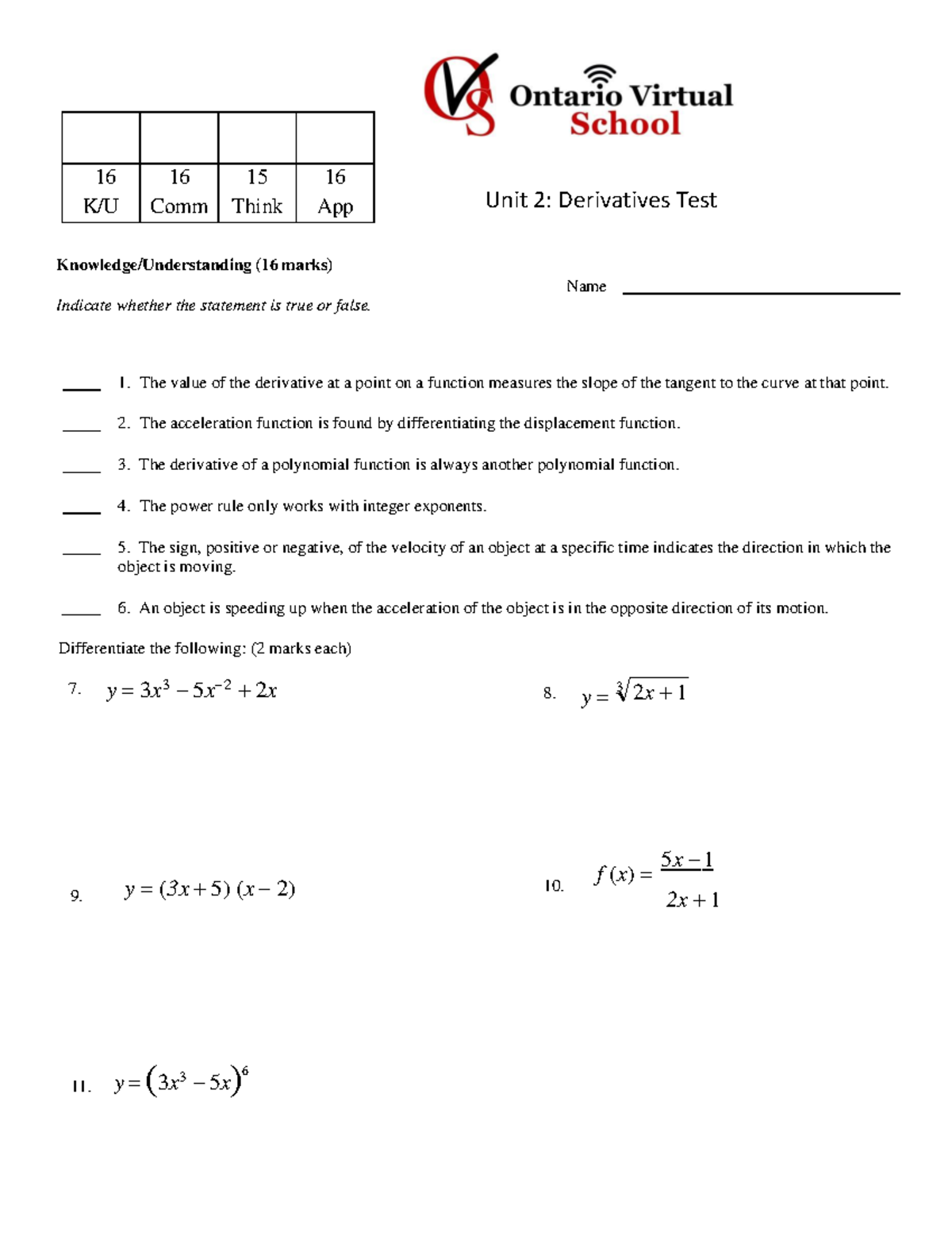 Unit 2 derivatives test OVS: true/false and application questions - Studocu