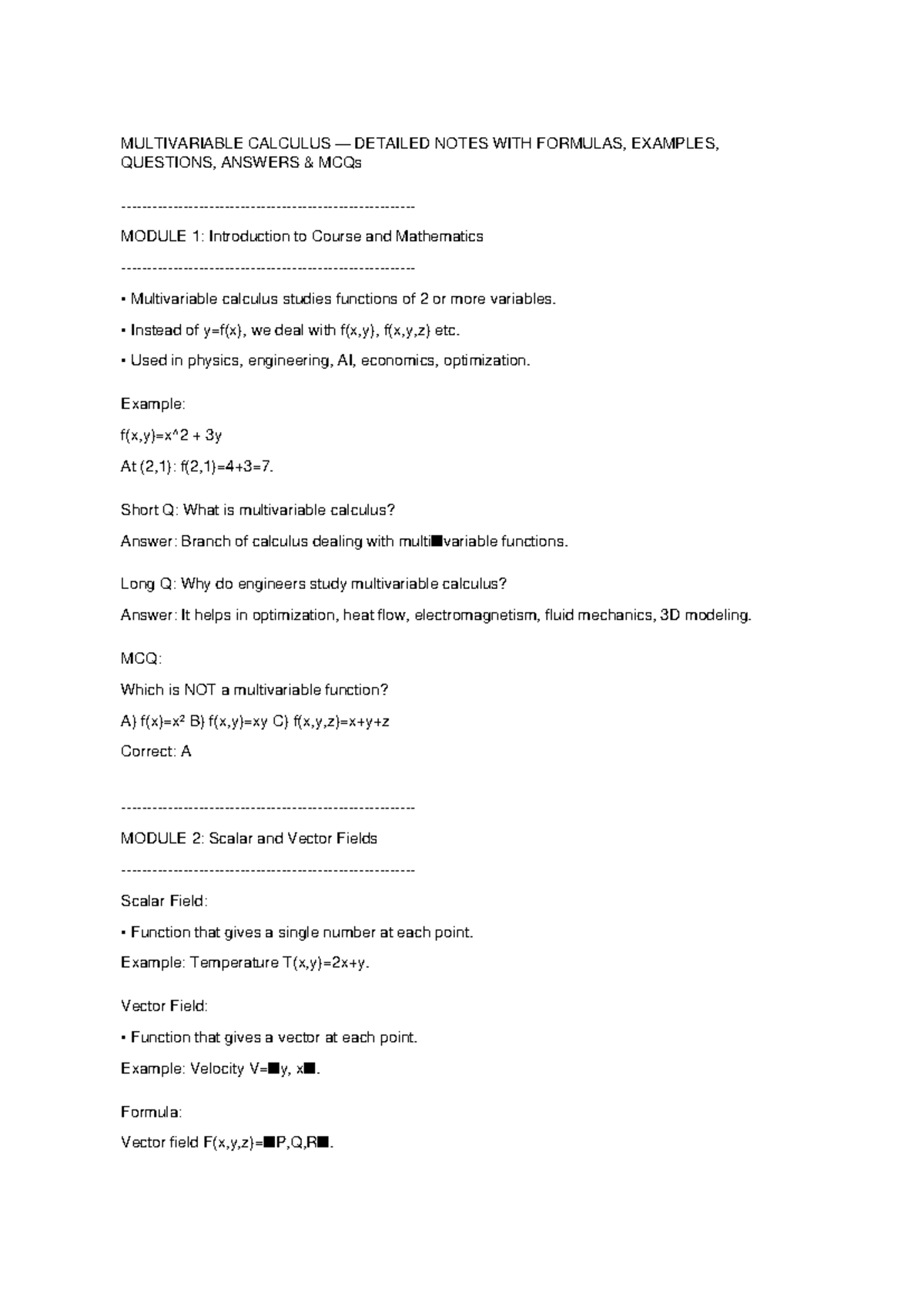 MULTIVARIABLE CALCULUS NOTES: FORMULAS, EXAMPLES & MCQs - Studocu
