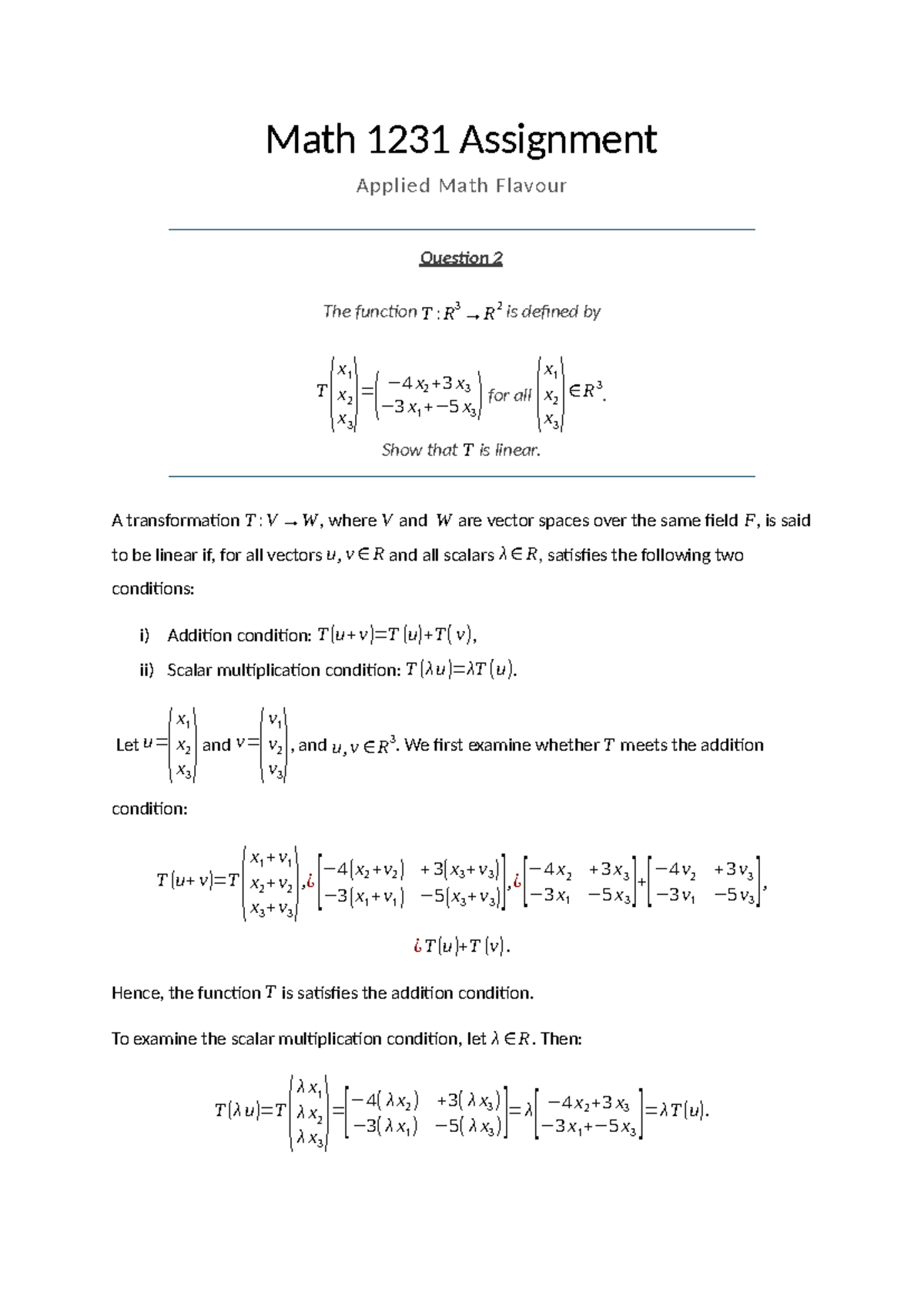 Math 1231 Assignment: Linear Transformations and Subspaces Analysis ...
