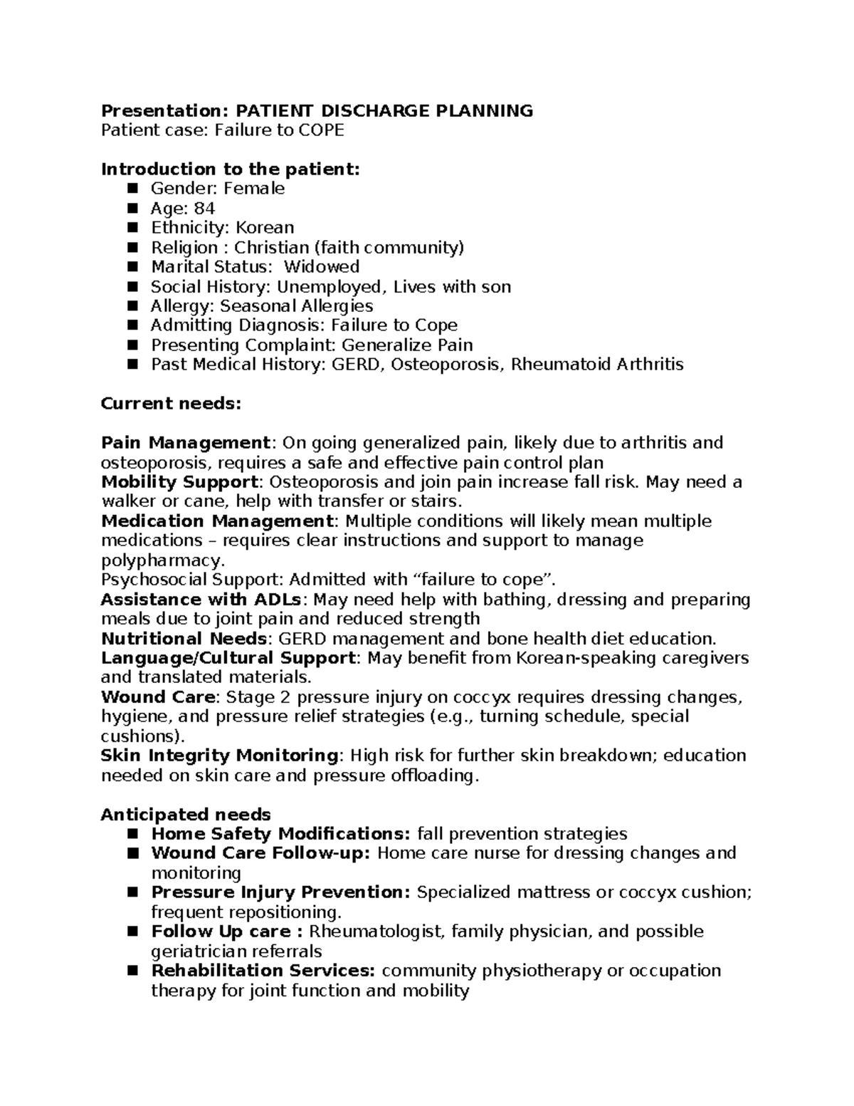 Presentation: Patient Discharge Planning for Failure to Cope - Studocu