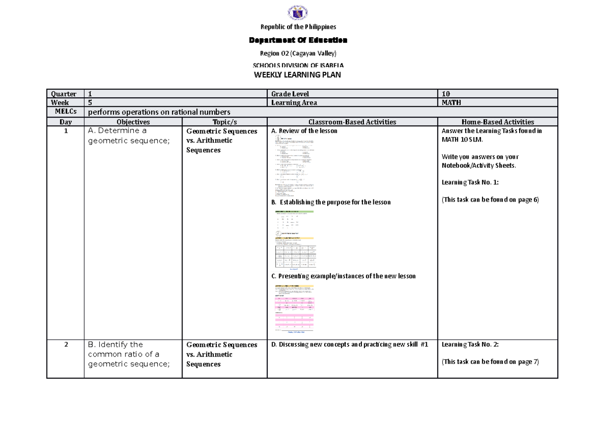 WLP Q1 W5 G10-MAT H - MATH - WEEKLY LEARNING PLAN Quarter 1 Grade Level ...