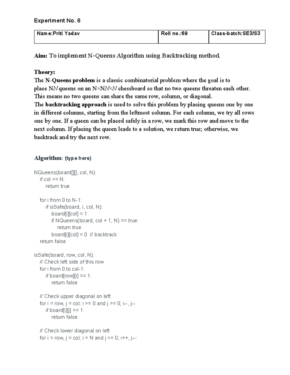 AOA 8 - Backtracking Algorithm for N-Queens Problem - Studocu