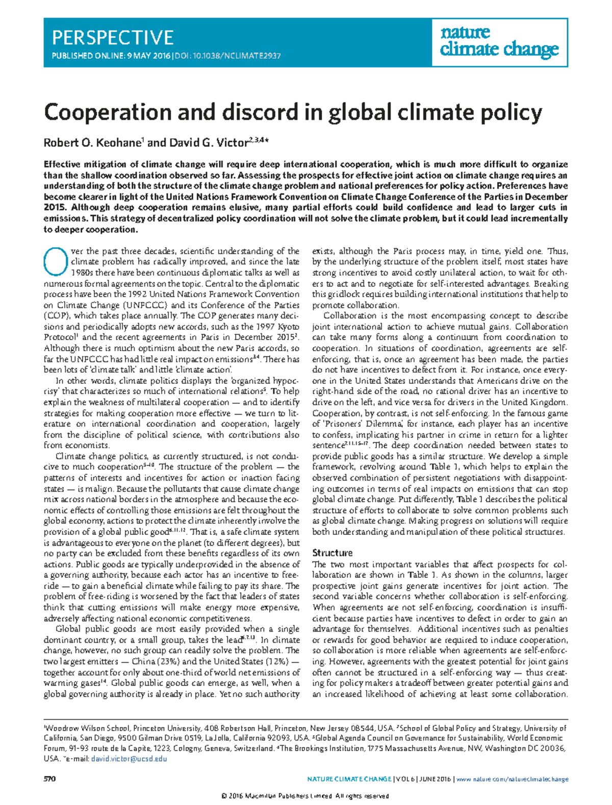 Cooperation and Discord in Global Climate Policy: Challenges ...