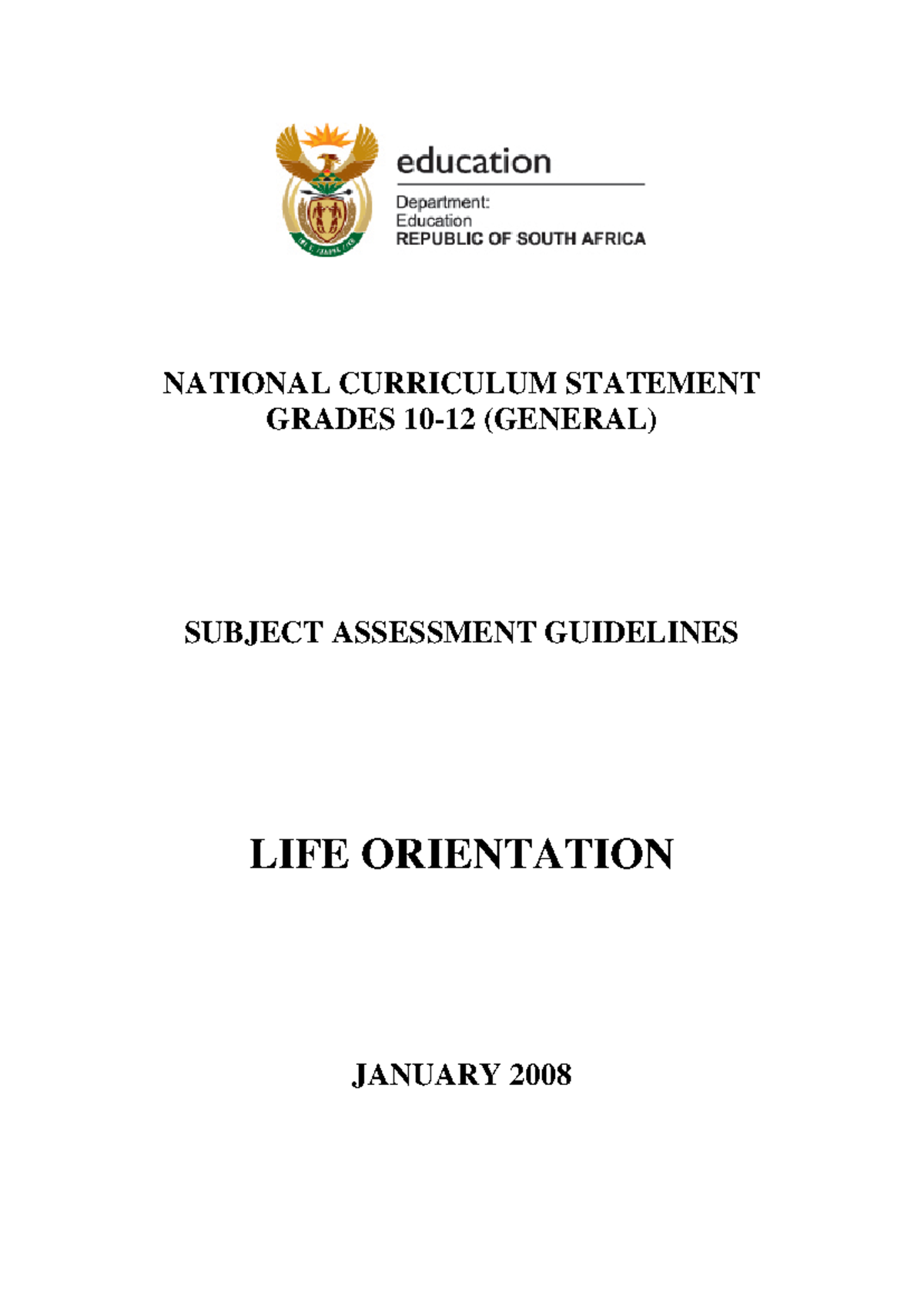 SAG LIFE Orientation Assessment Guidelines for Grades 10-12 (2008 ...