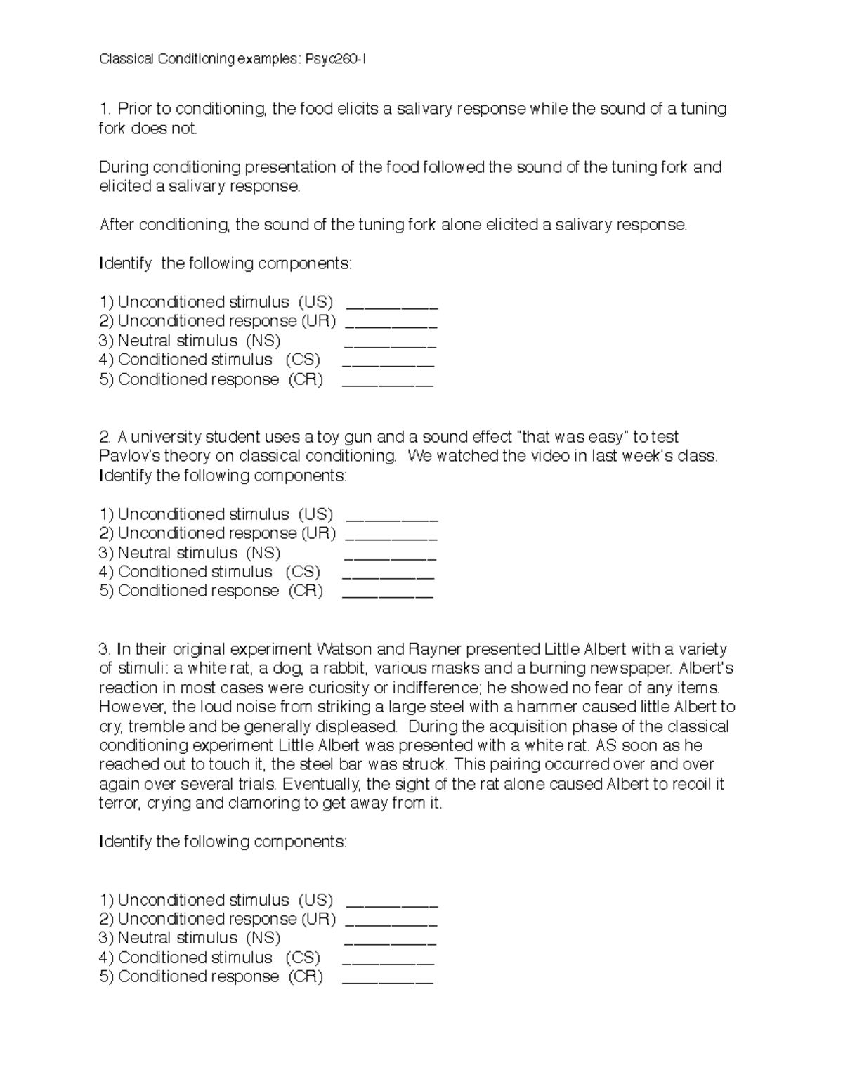 Psyc260-I: Classical Conditioning Exam Q&A and Examples - Studocu