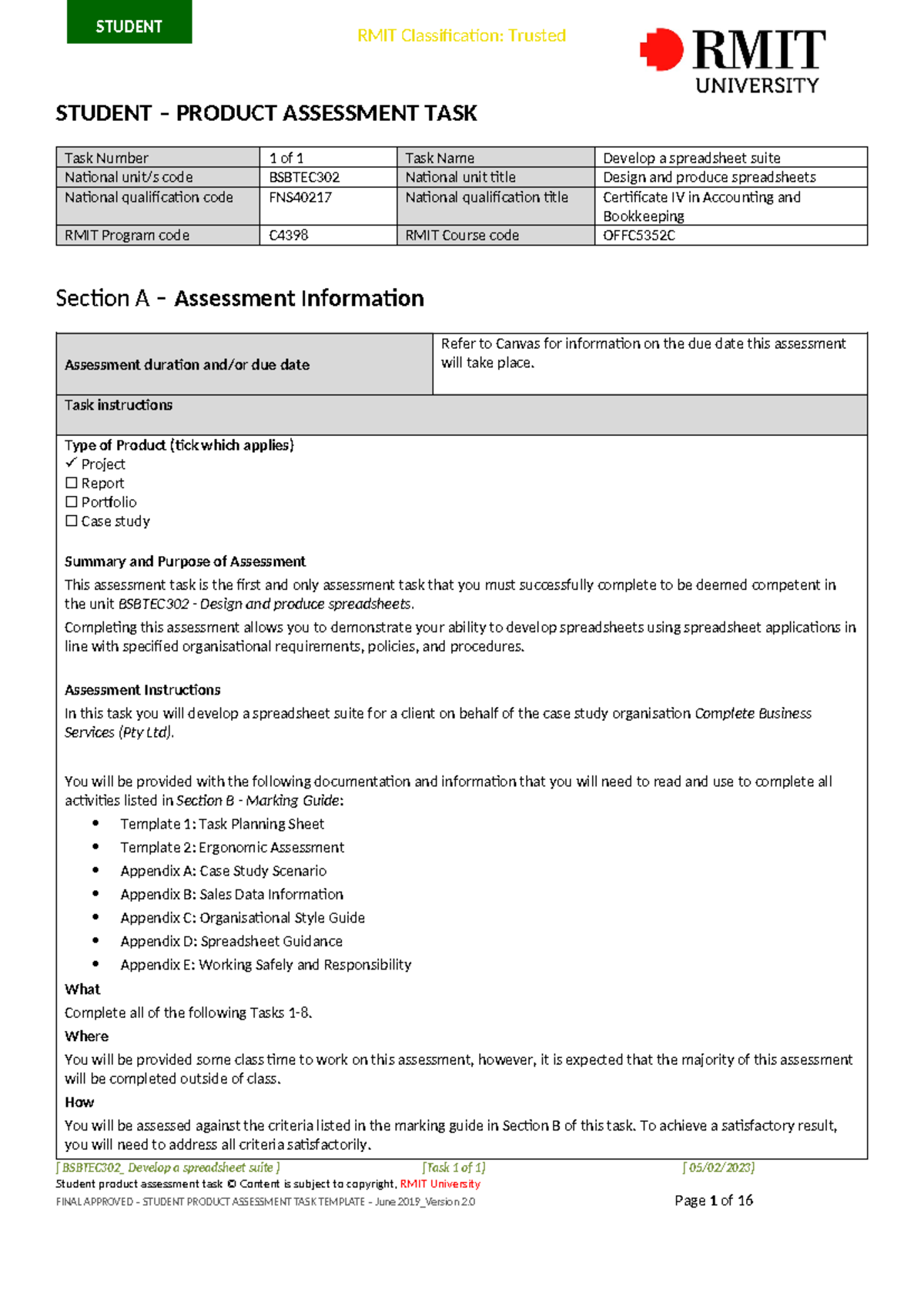 Develop ASpreadsheet Suite Bsbtec 302 Task1 Student 230205 - RMIT Classification: Trusted ...