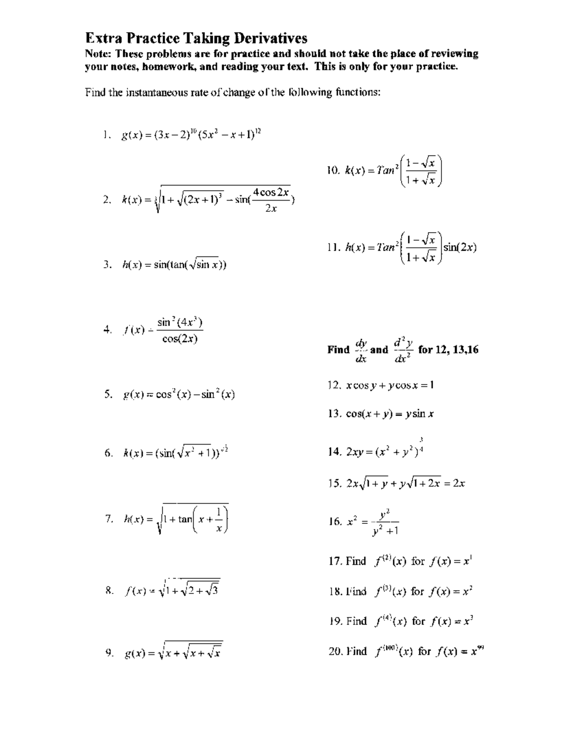 Derivatives Practice Worksheet: Extra Problems for Skills Review - Studocu