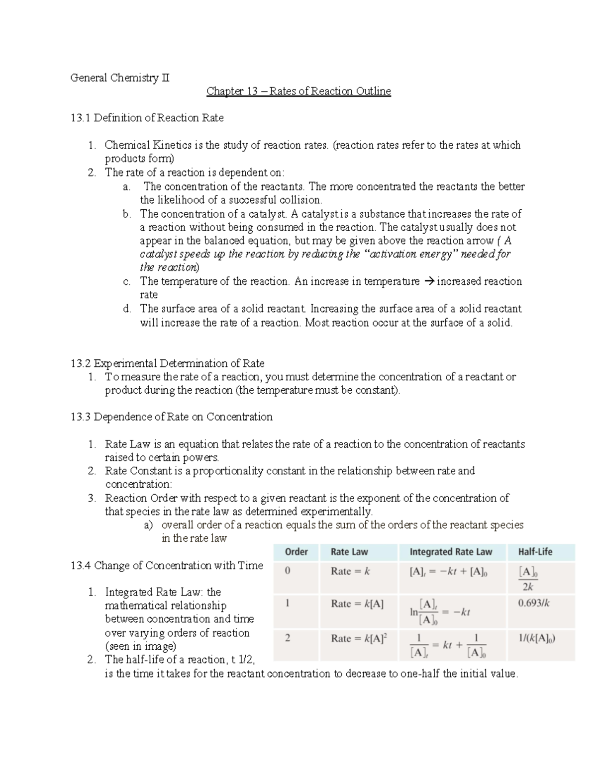 Gen Chem 2 - Ch13 Outline - General Chemistry II Chapter 13 – Rates of ...