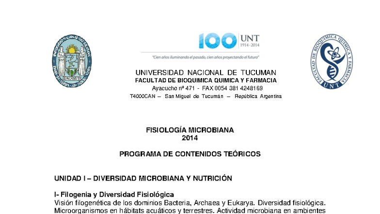 Programa de Fisiología Microbiana 2014 - UNDT - Studocu