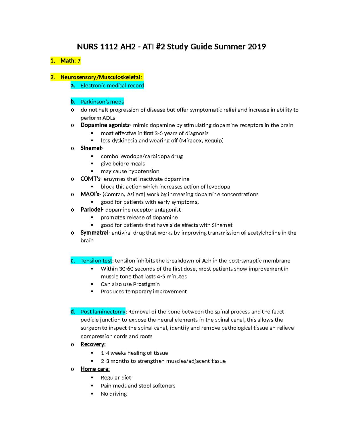 NURS 1112 AH2 ATI#2 Study Guide Summer 2019 - NURS 1112 AH2 - ATI #2 ...