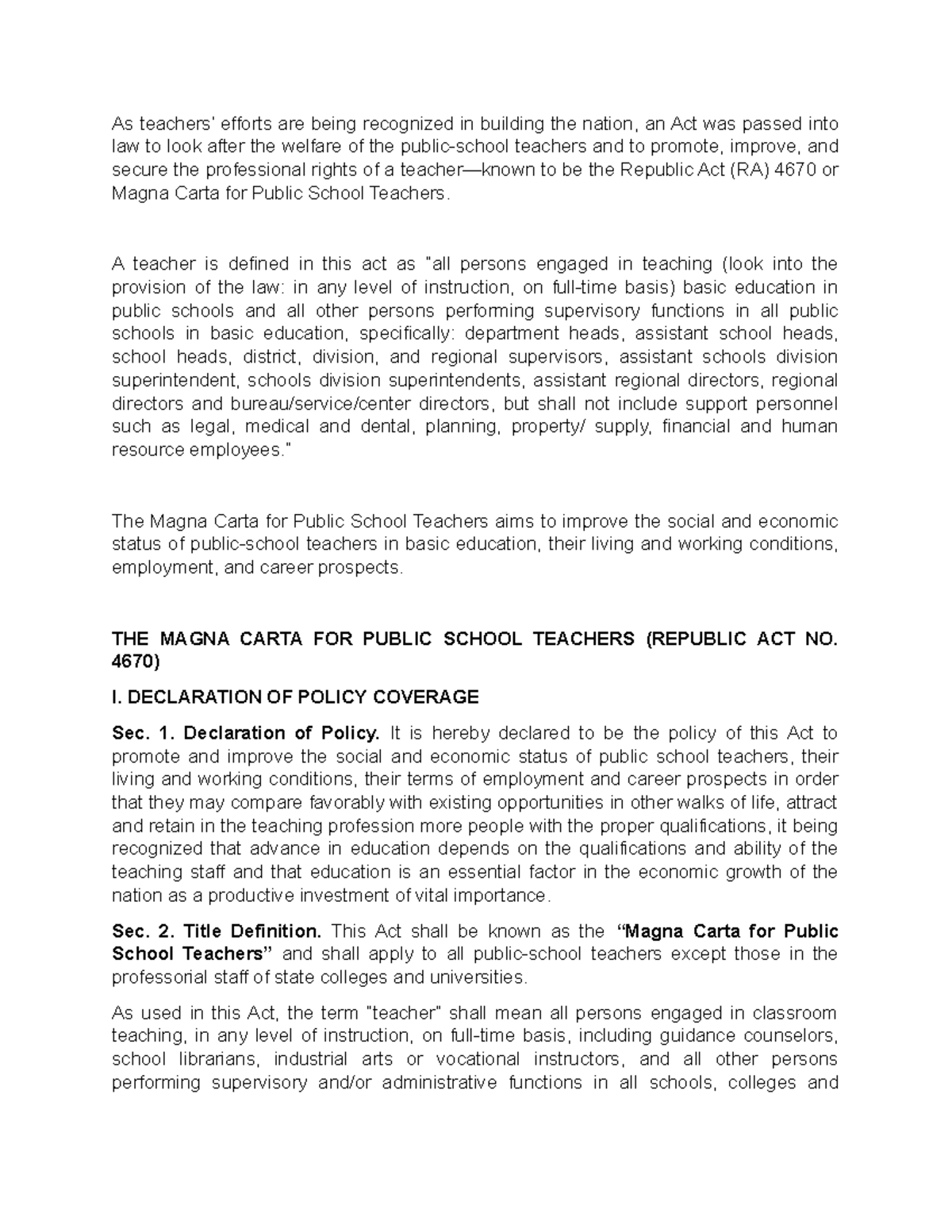 Magna Carta for Public School Teachers (RA 4670) - Overview and ...