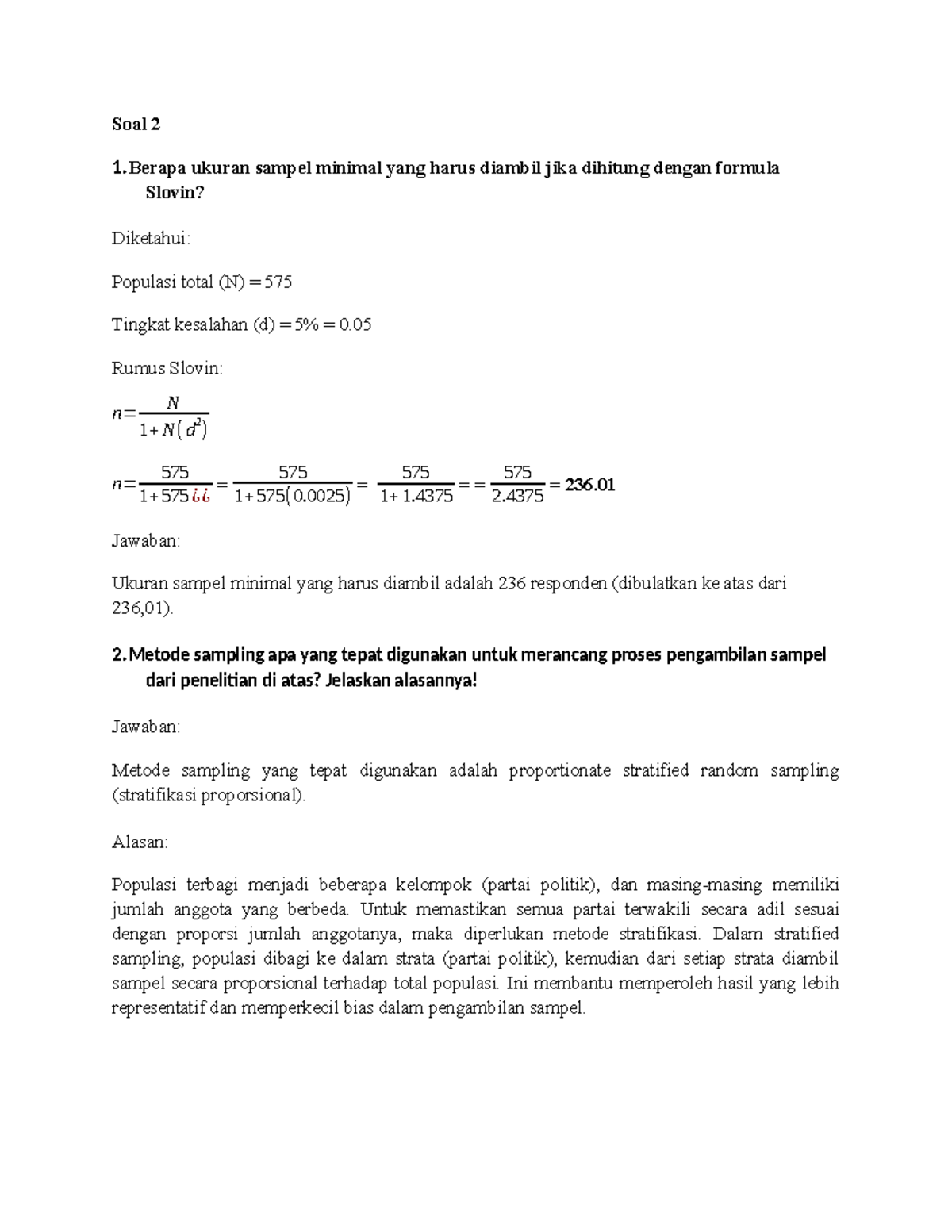 Soal 2: Ukuran Sampel Minimal dan Metode Sampling Proportional - Studocu