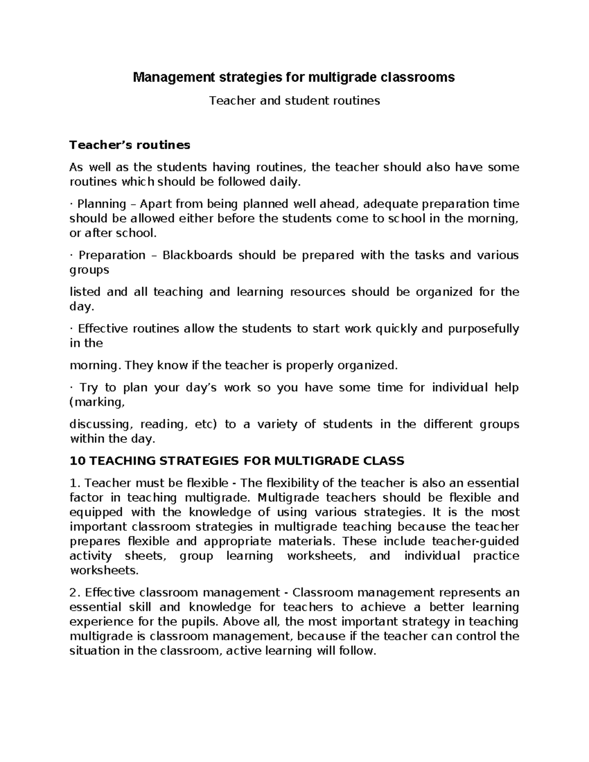 Management Strategies for Multigrade Classrooms: Teacher Routines and ...