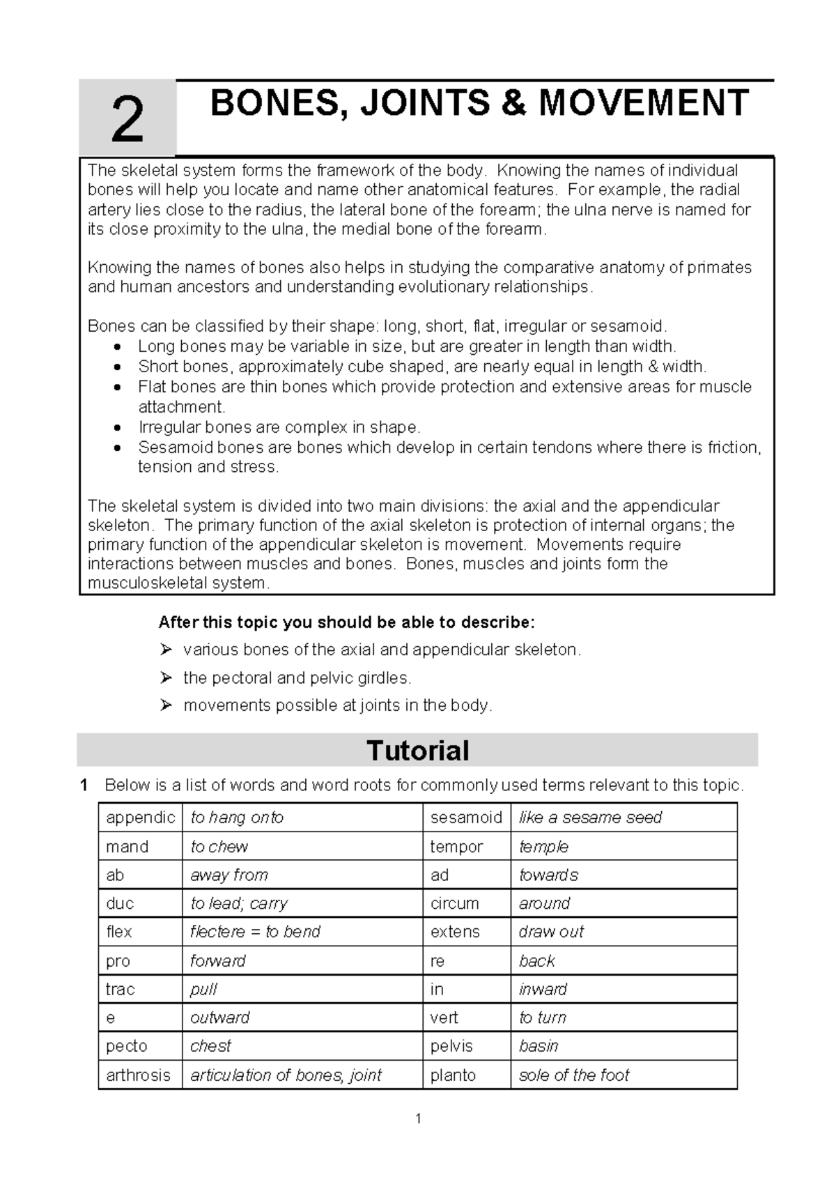 ANHB1101 Bones, joints and movement tutorial notes - Studocu