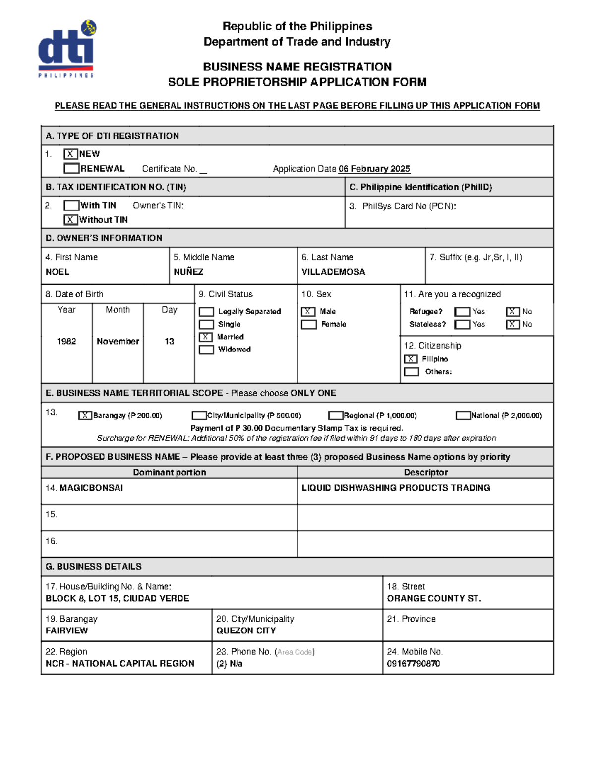 DTI Business Name Registration Application Form for Sole Proprietorship ...