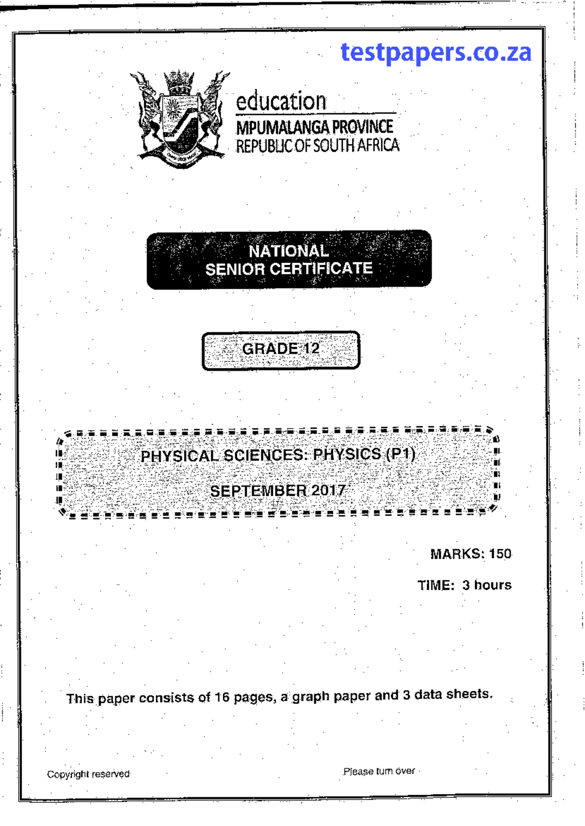 2017 NSC Grade 12 Physics P1 Past Exam Paper - MP - Studocu