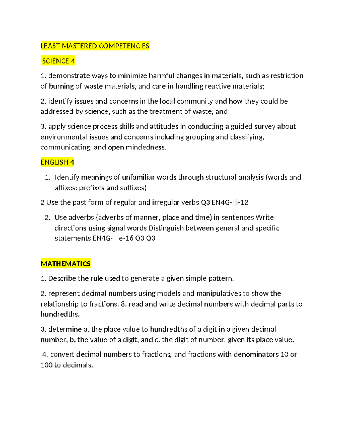 Least Mastered Competencies: Science, English, Math, Filipino 4 - Studocu