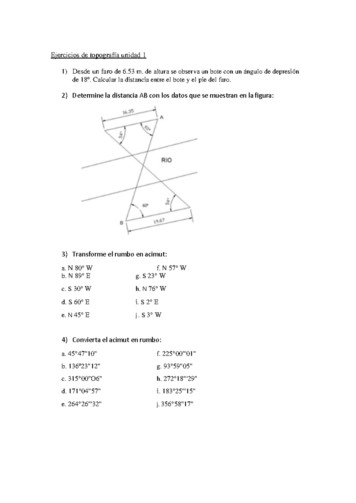 Ejercicios de Topografía: Rumbo y Azimut - Unidad 1 - Studocu