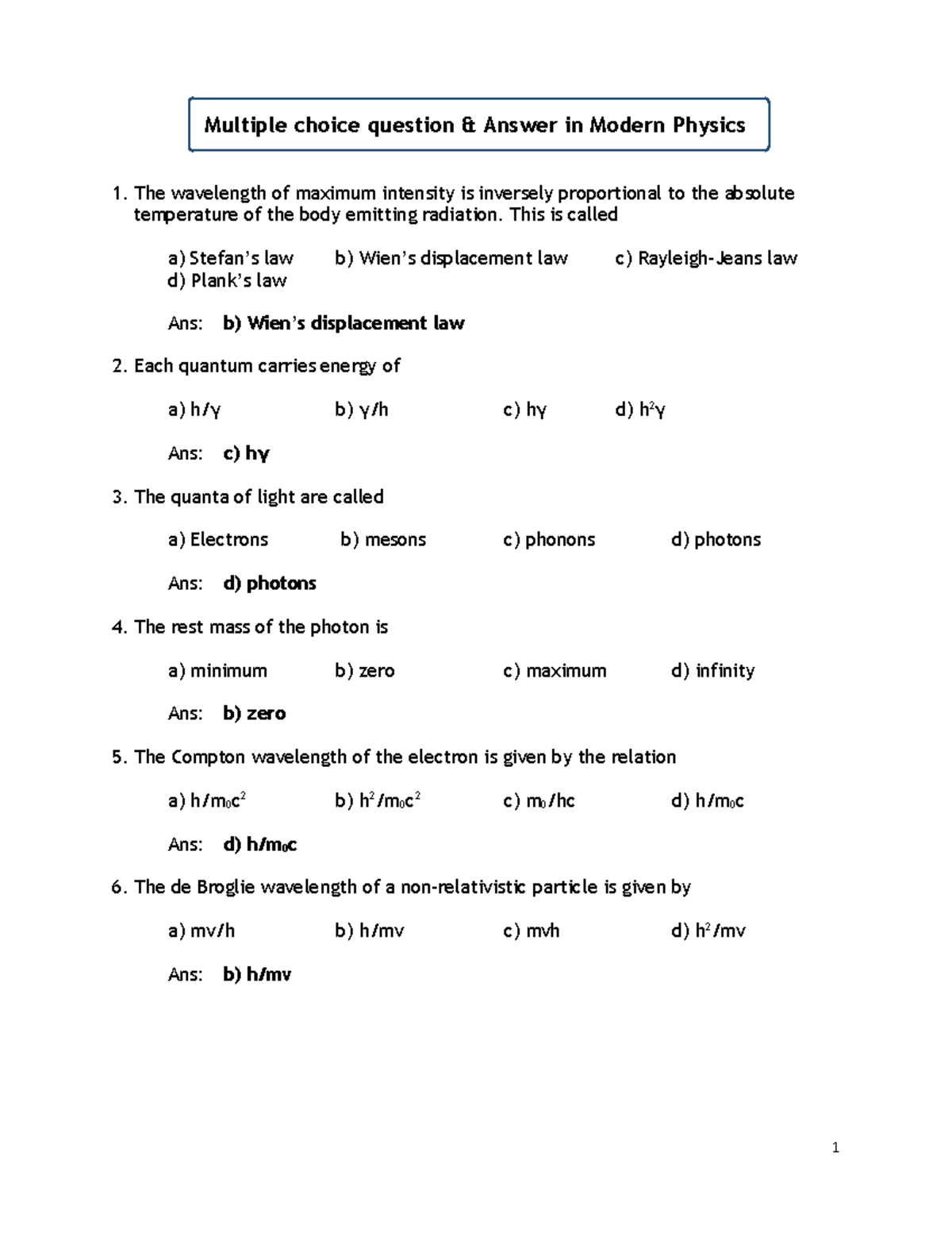 Unit 1 MCQ QB - Modern Physics Question Bank & Solutions - Studocu