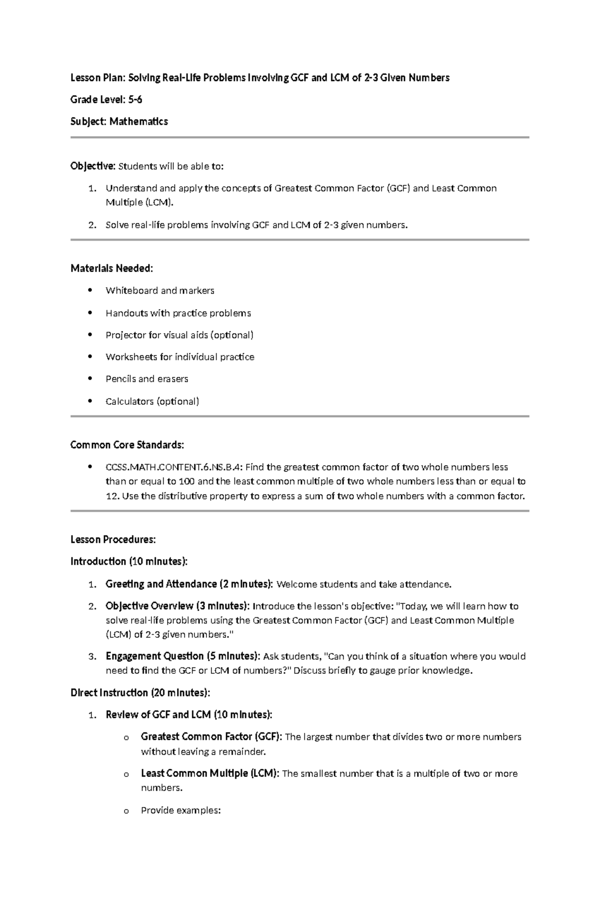 Lesson Plan: Real-Life Applications of GCF and LCM (Math 5) - Studocu