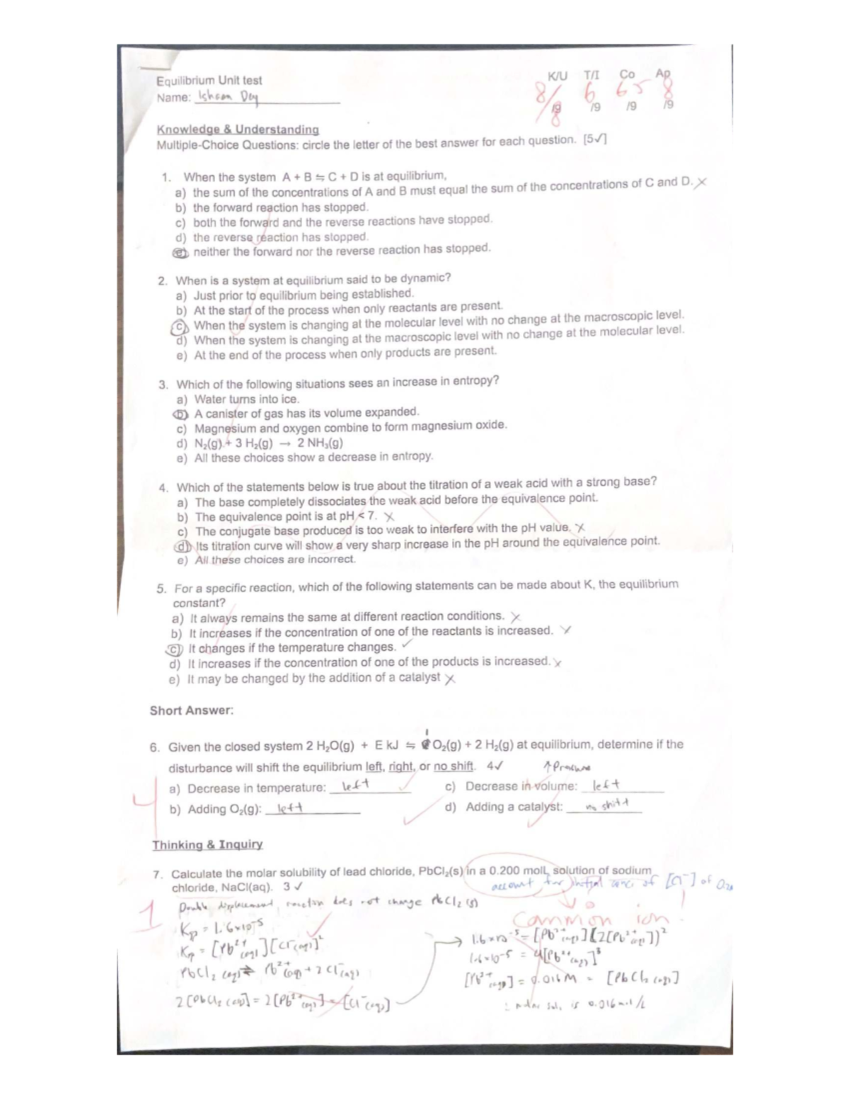 U3 Equilibrium Unit Test - Knowledge & Understanding Questions - Studocu