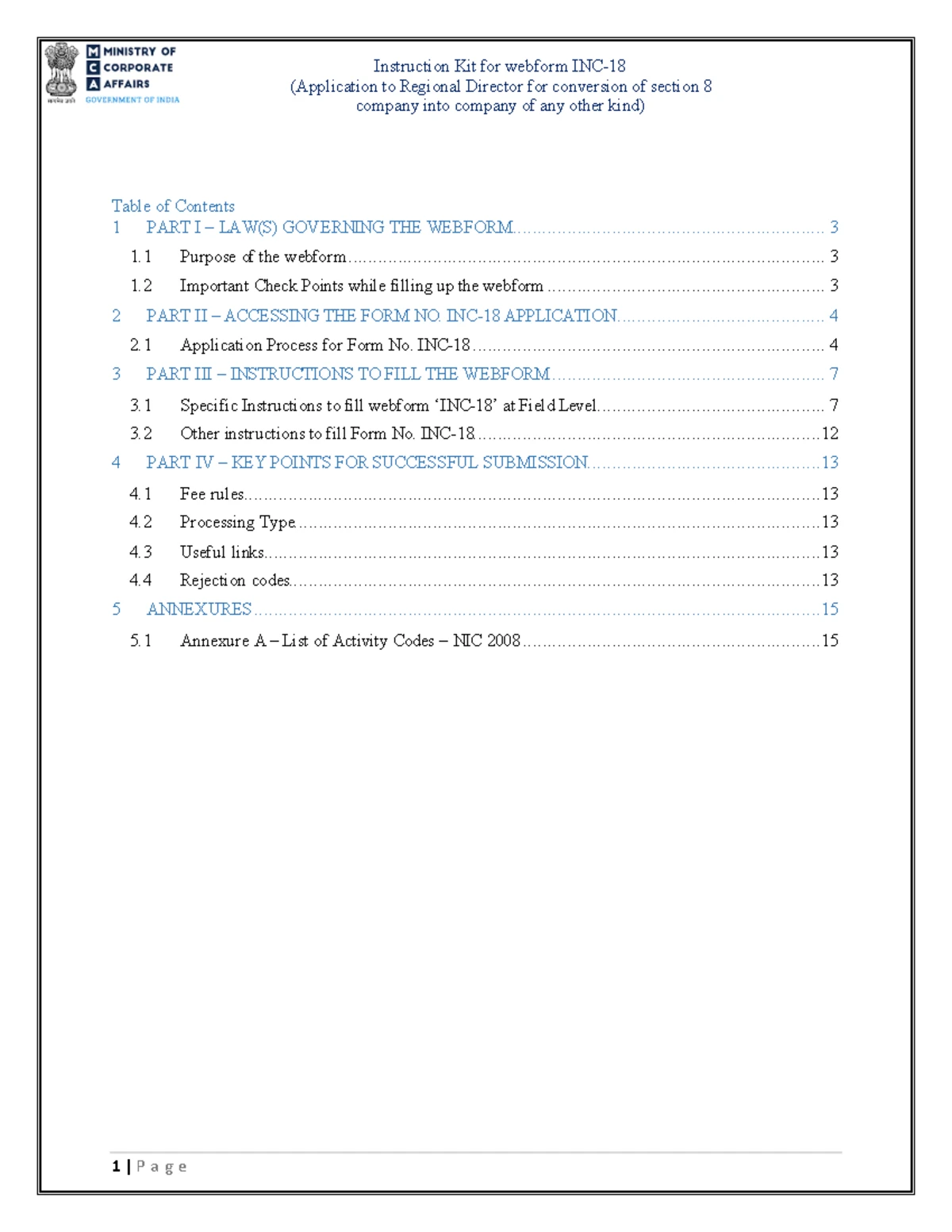 Instruction Kit Form 18 (Form Fillip) - (Name reservation and LLP ...