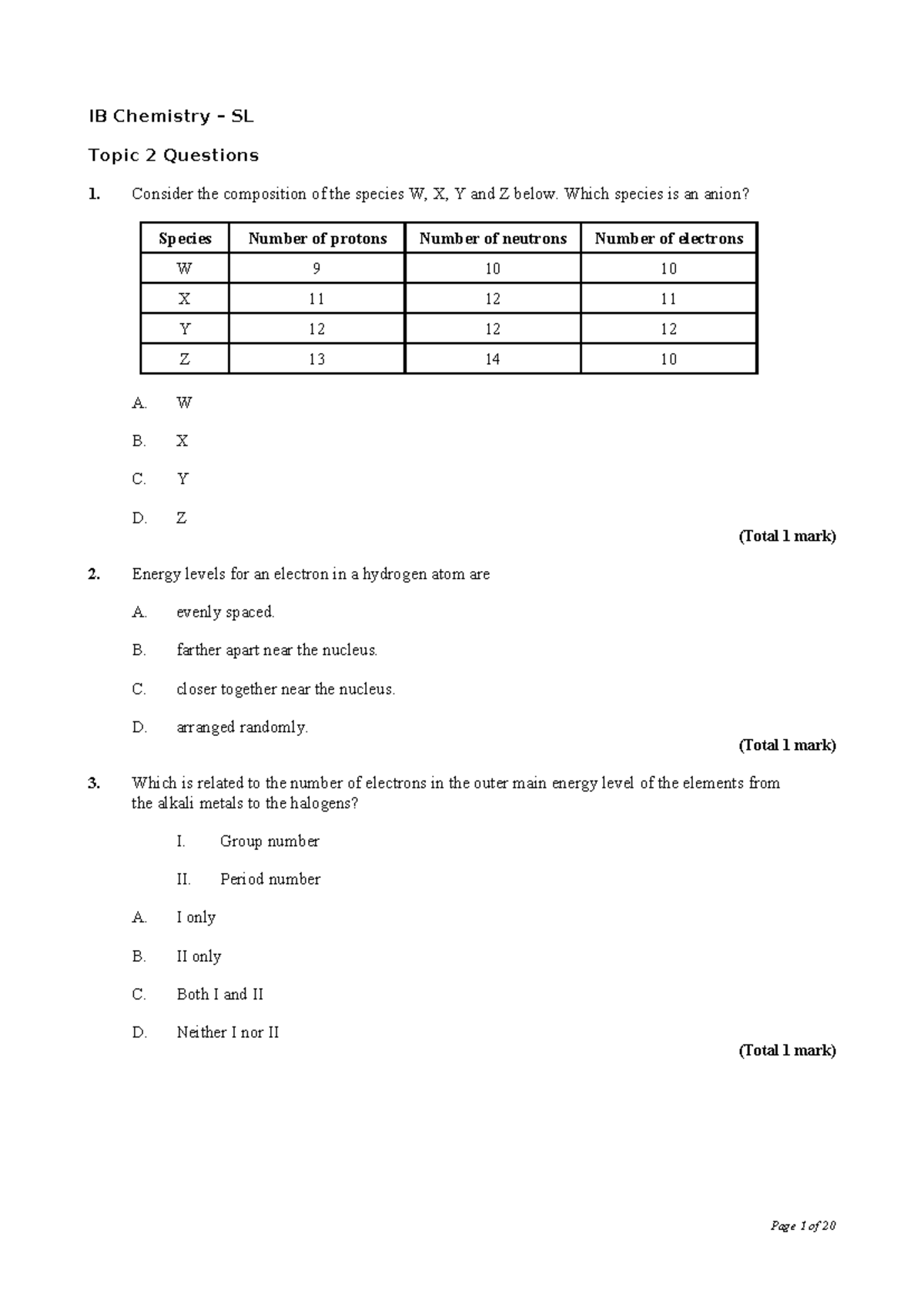 IB Chemistry SL Topic 2: Questions on Atomic Structure and Bonding ...