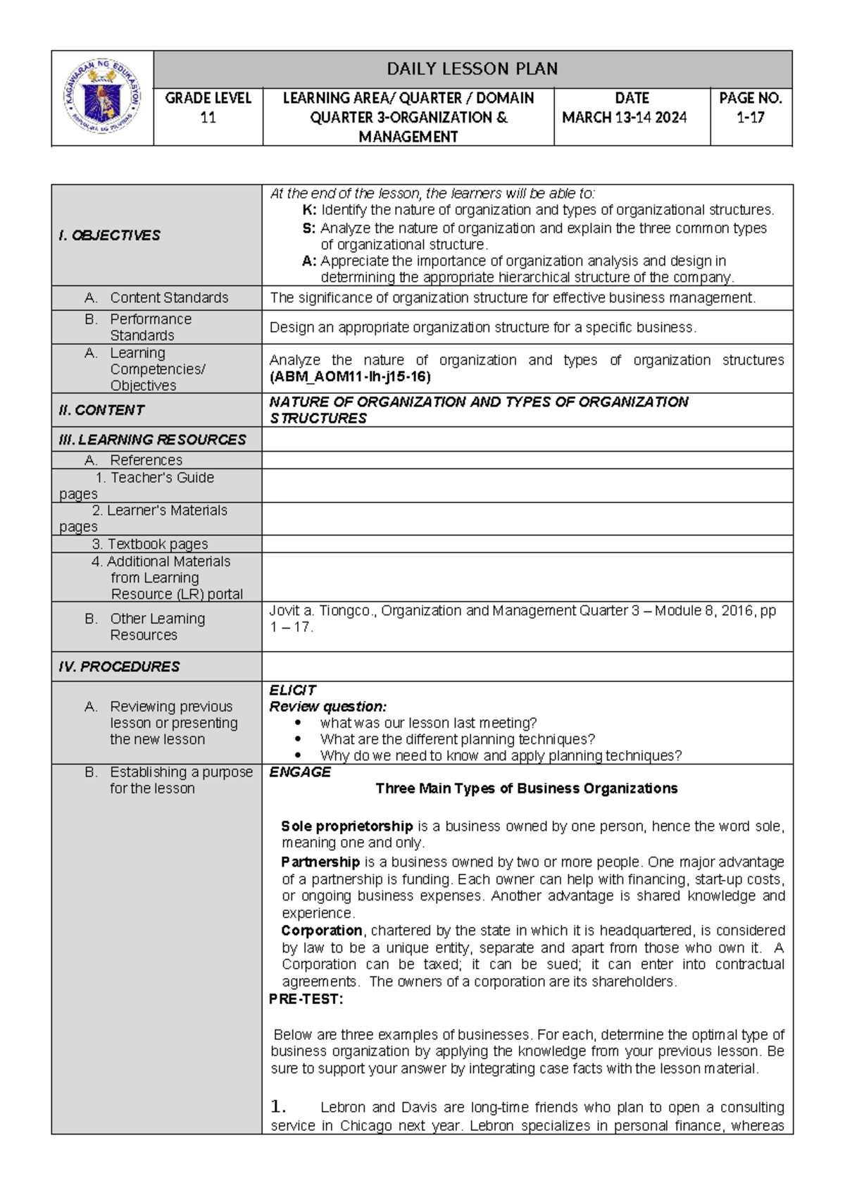 Daily Lesson Plan: Org & Mgmt (ABM_AOM11-Ih-j15-16) – Q3 - Studocu