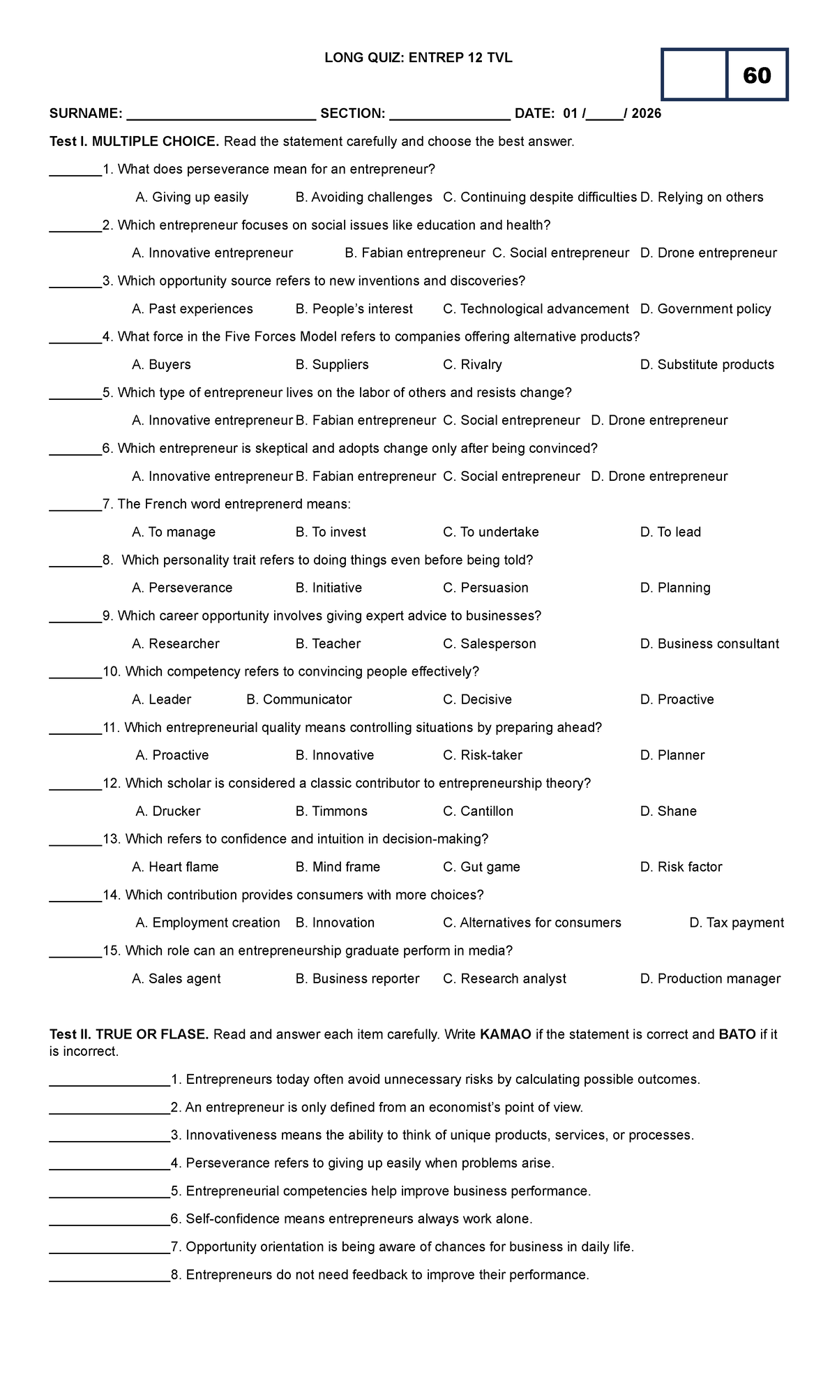 LONG QUIZ: ENTREP 12 TVL - Test I & II Questions and Answers - Studocu