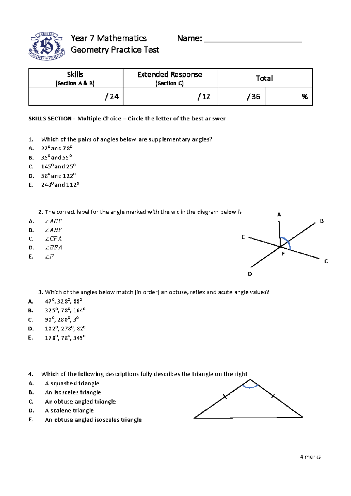 Year 7 Geometry Angles Practice Test - Skills & Analysis Sections - Studocu