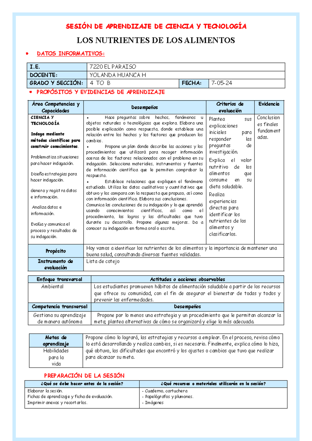 4° SES MART 16 CYT Nutrentes DE LOS Alimentos - SESIÓN DE APRENDIZAJE ...