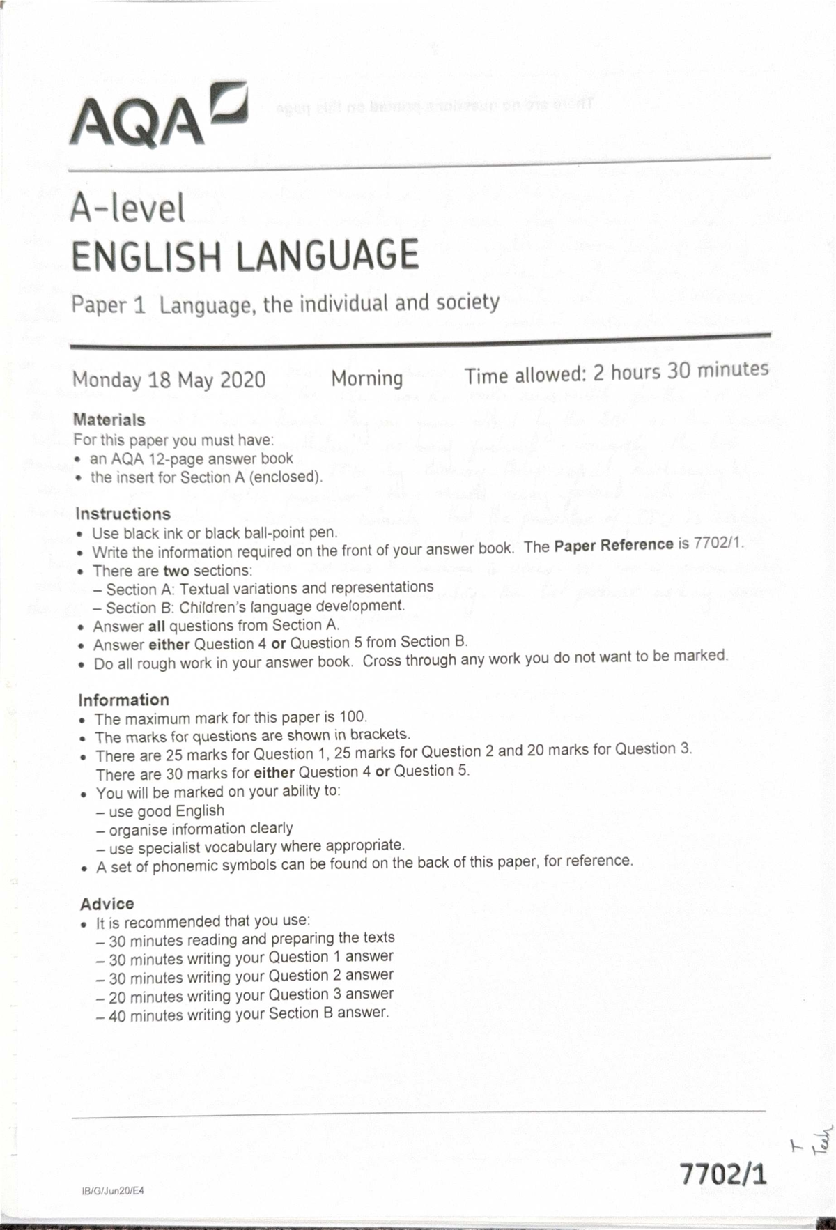 ENGLISH LANGUAGE Paper 1: Language, Individual & Society Exam 2020 ...