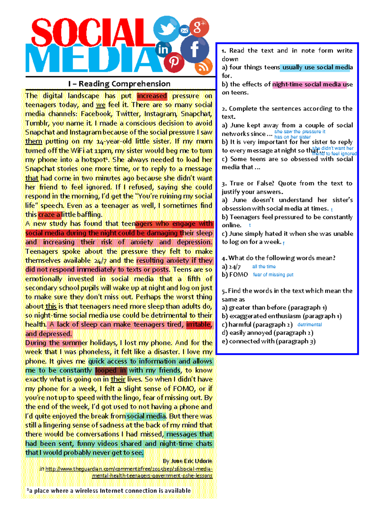 Grade X Worksheet: Social Media Impact on Teenagers - Unit 1 - Studocu