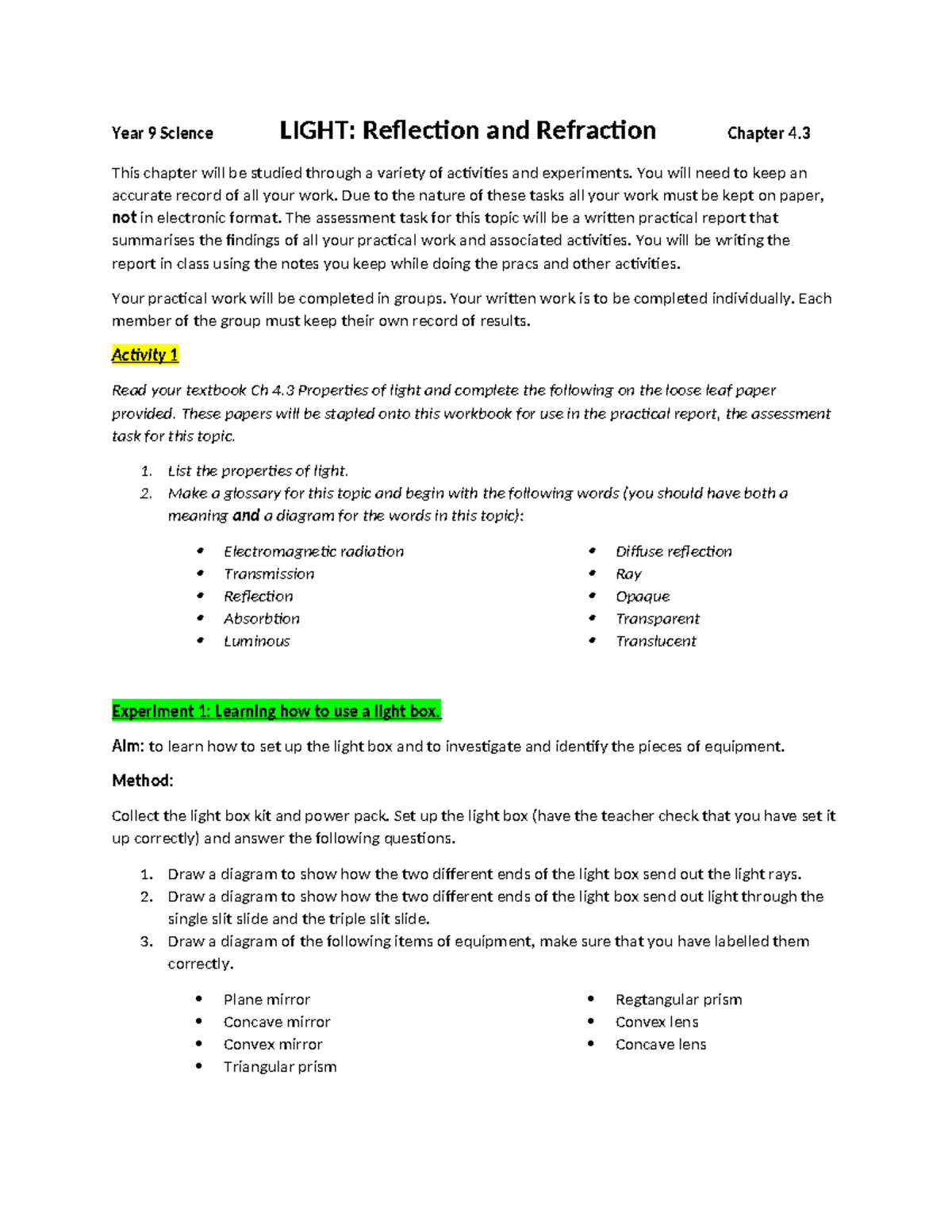 Ch 9.4 Light Activities: Reflection & Refraction Experiments - Studocu