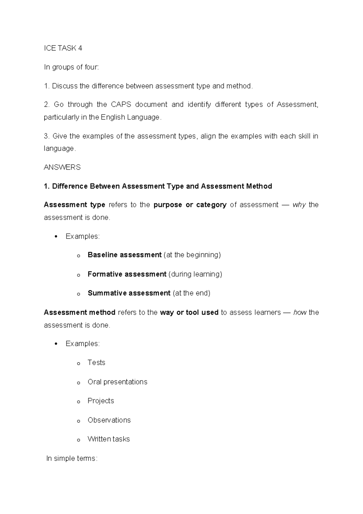 FOED7411 ICE TASK 4 - Types and Methods of Assessment in English - Studocu