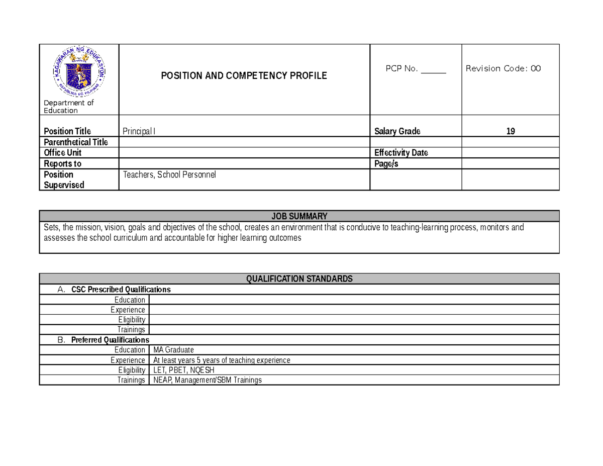Duties and Functions of School Principal I-IV Profiles - Studocu