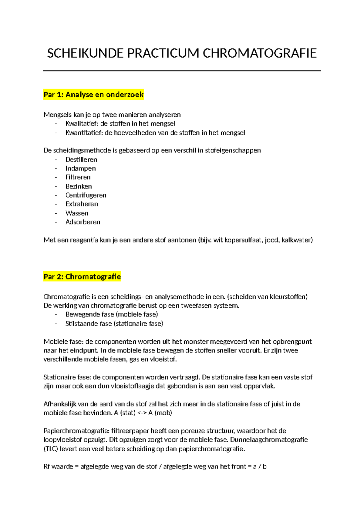 Scheikunde po - SCHEIKUNDE PRACTICUM CHROMATOGRAFIE Par 1: Analyse en ...