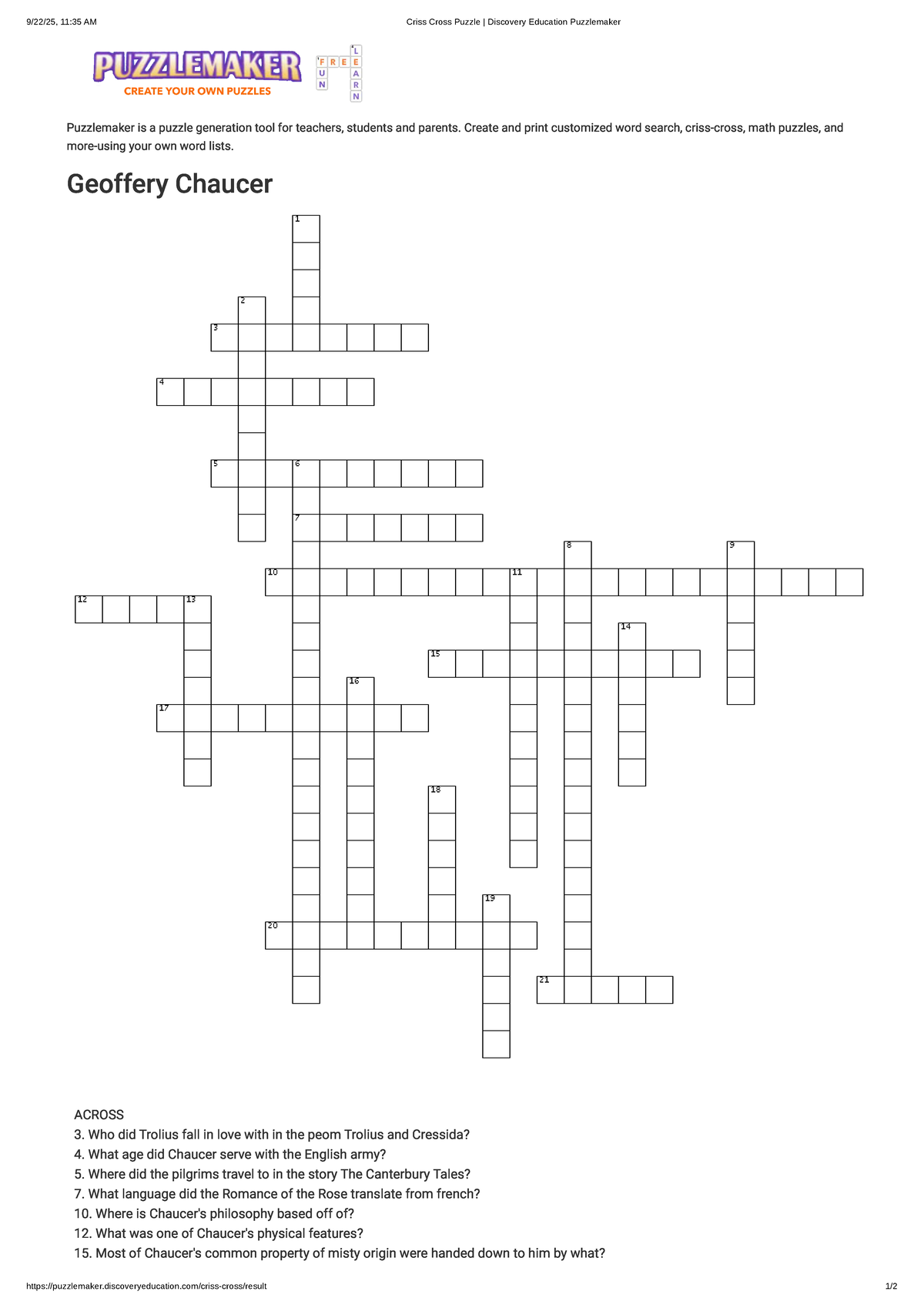 Chaucer Quiz Puzzle: Criss Cross Activity for Students - Studocu