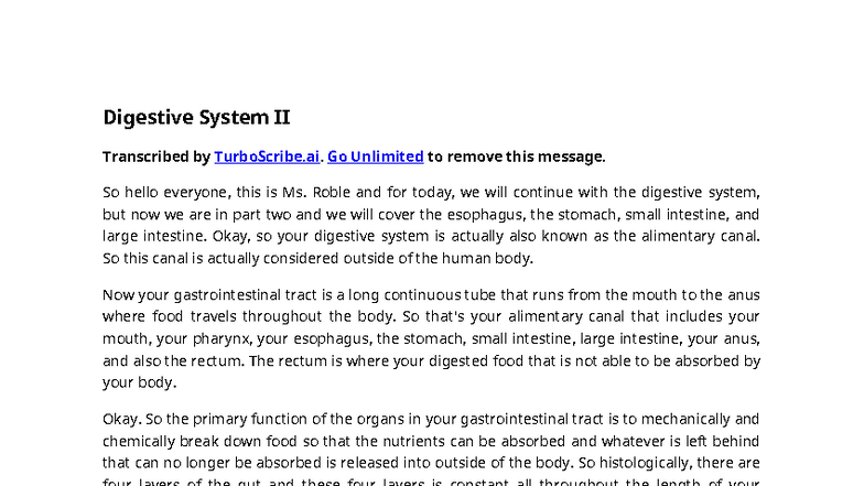 Digestive System II: Esophagus to Large Intestine Overview - Studocu