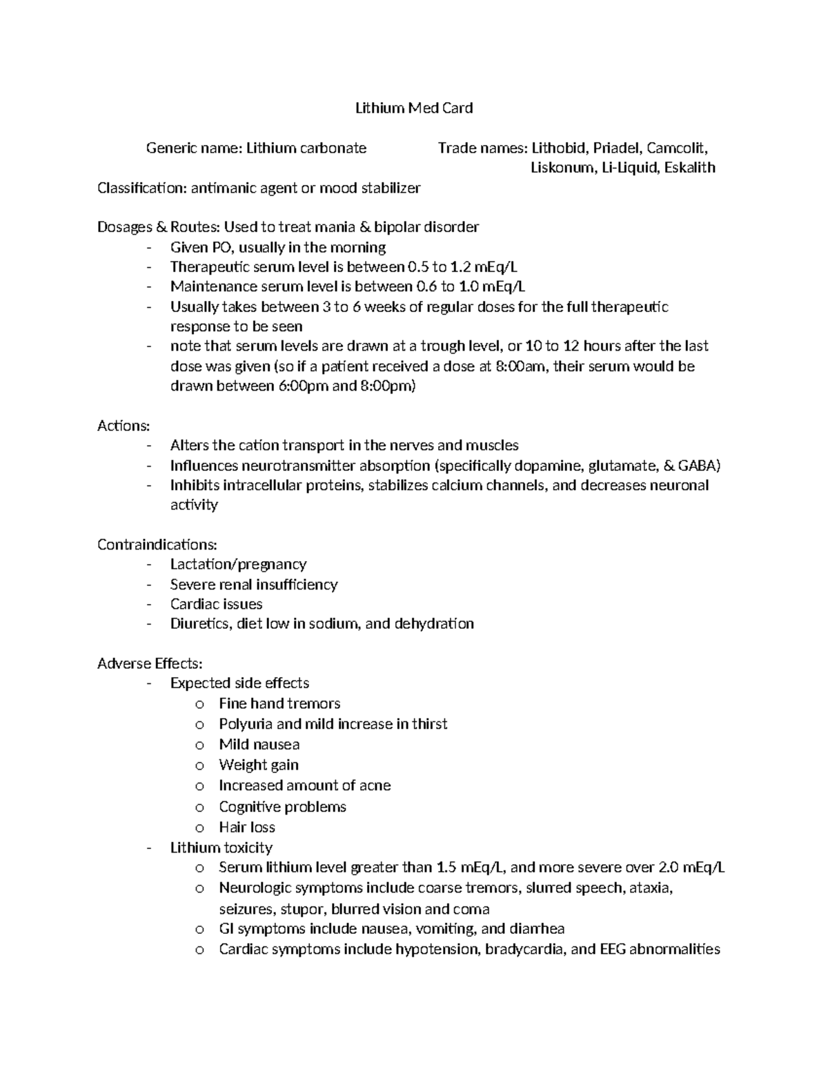 Lithium Med Card Overview: Usage, Dosage, and Effects - Studocu