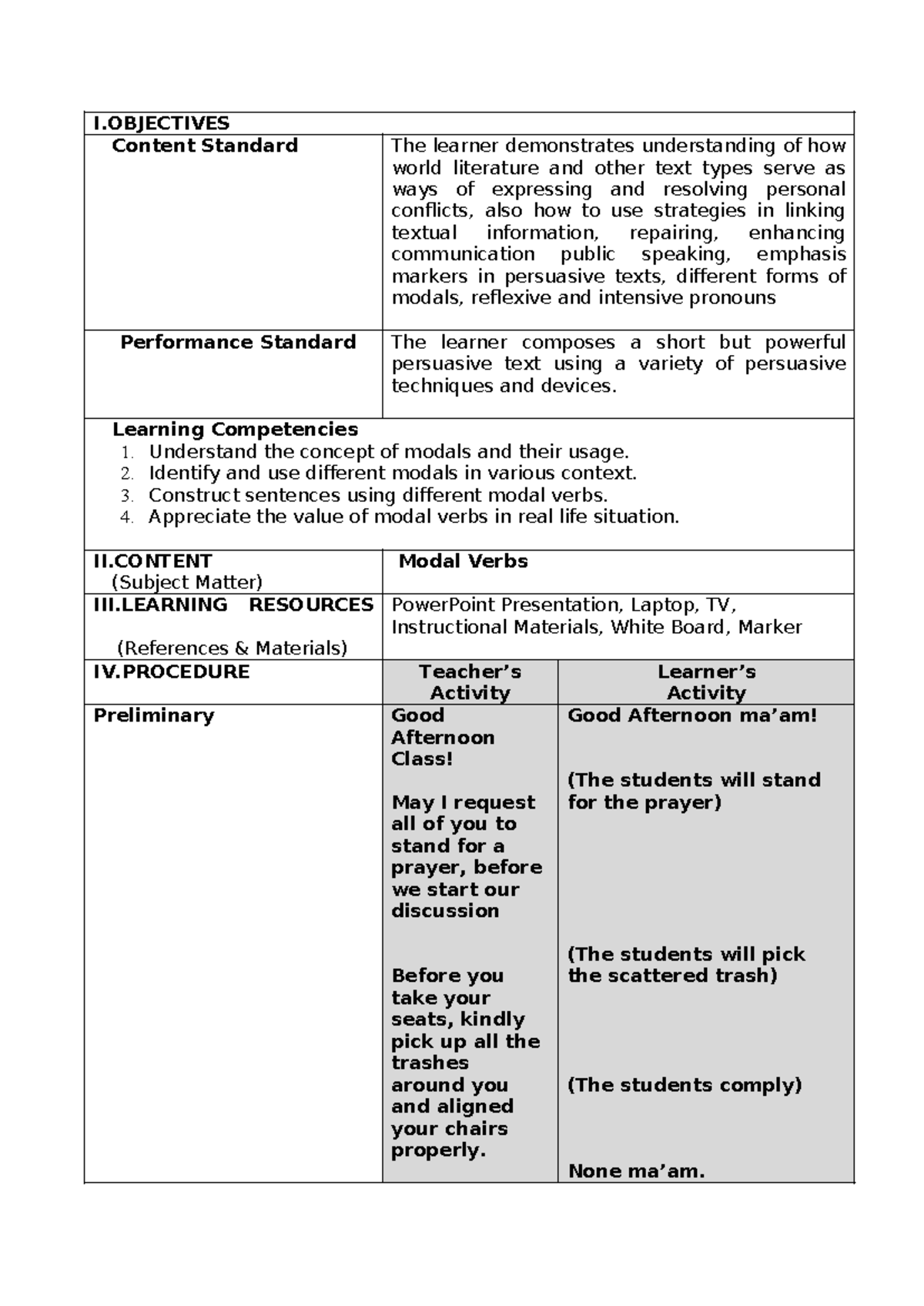 Modal Verbs Lesson Plan (ENG 101) - Studocu