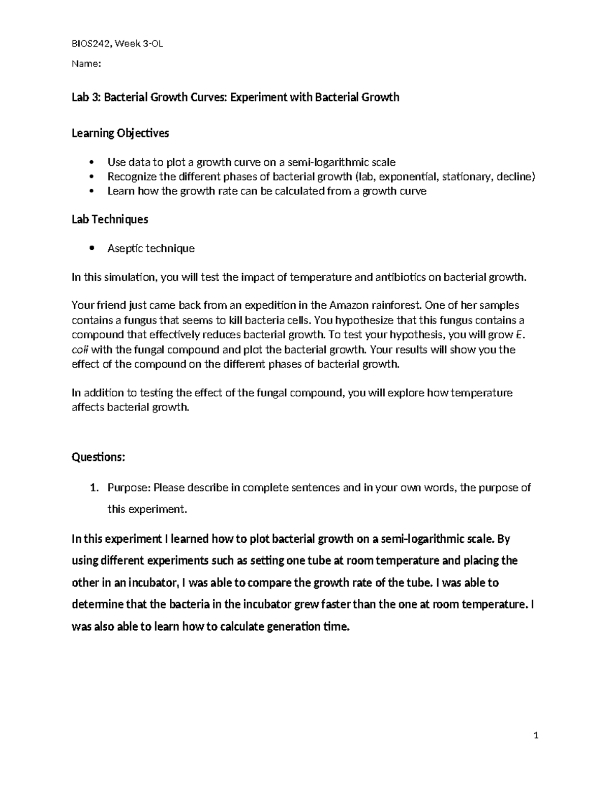 BIOS242 Lab 3: Understanding Bacterial Growth Curves and Factors - Studocu