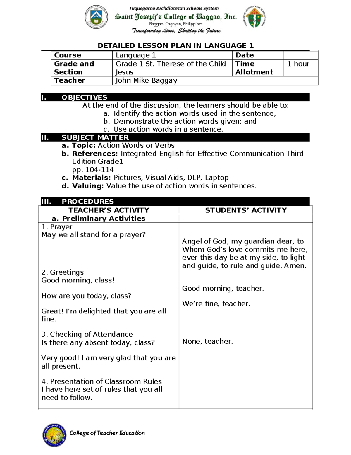 Final Lesson Plan on Action Words for Language 1 - John Mike Baggay ...