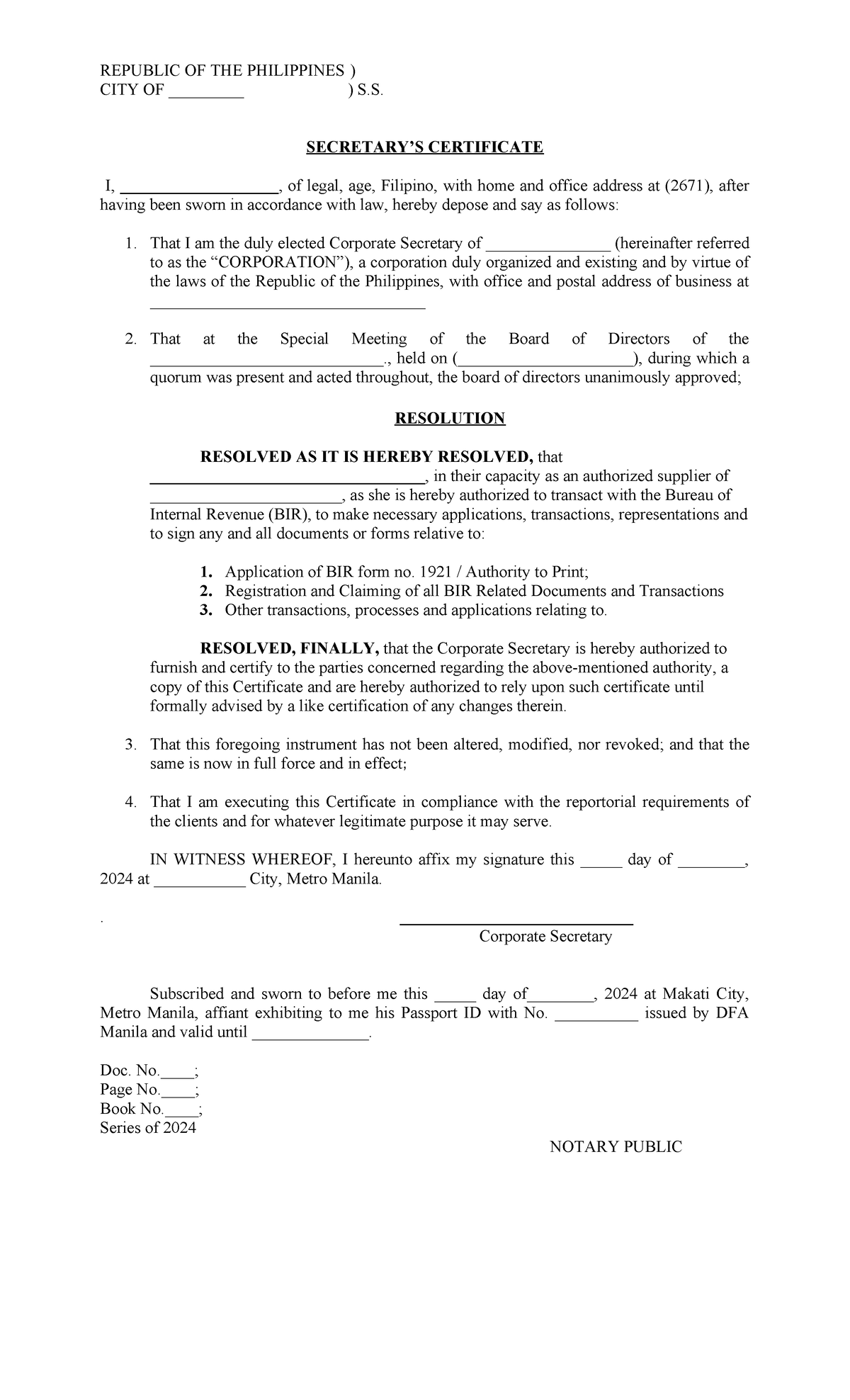 Secretary Certificate for ATP Application - BIR Compliance Document ...